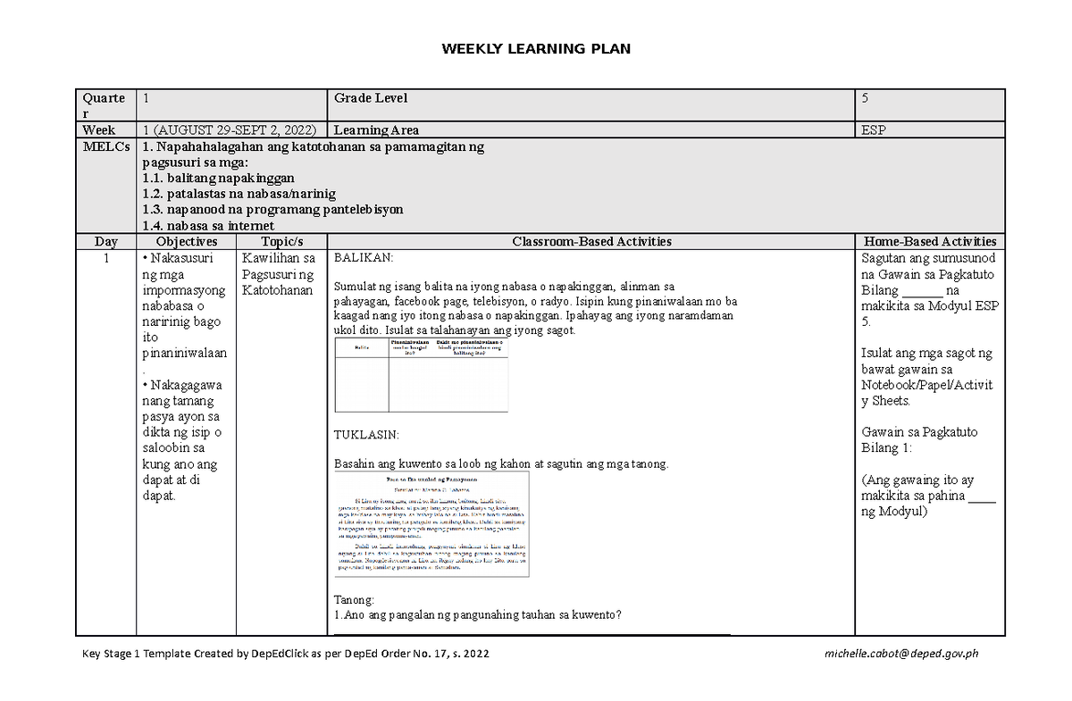 Cabot WLP Q1 W2 G5 - LESSON PLAN - Quarte r 1 Grade Level 5 Week 1 ...