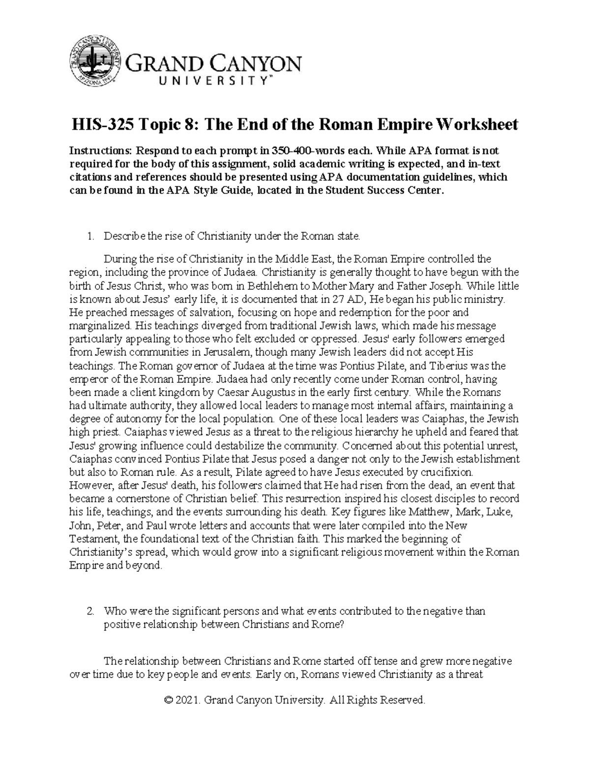 HIS-325 T8 The End of the Roman Empire Worksheet - HIS-325 Topic 8: The ...