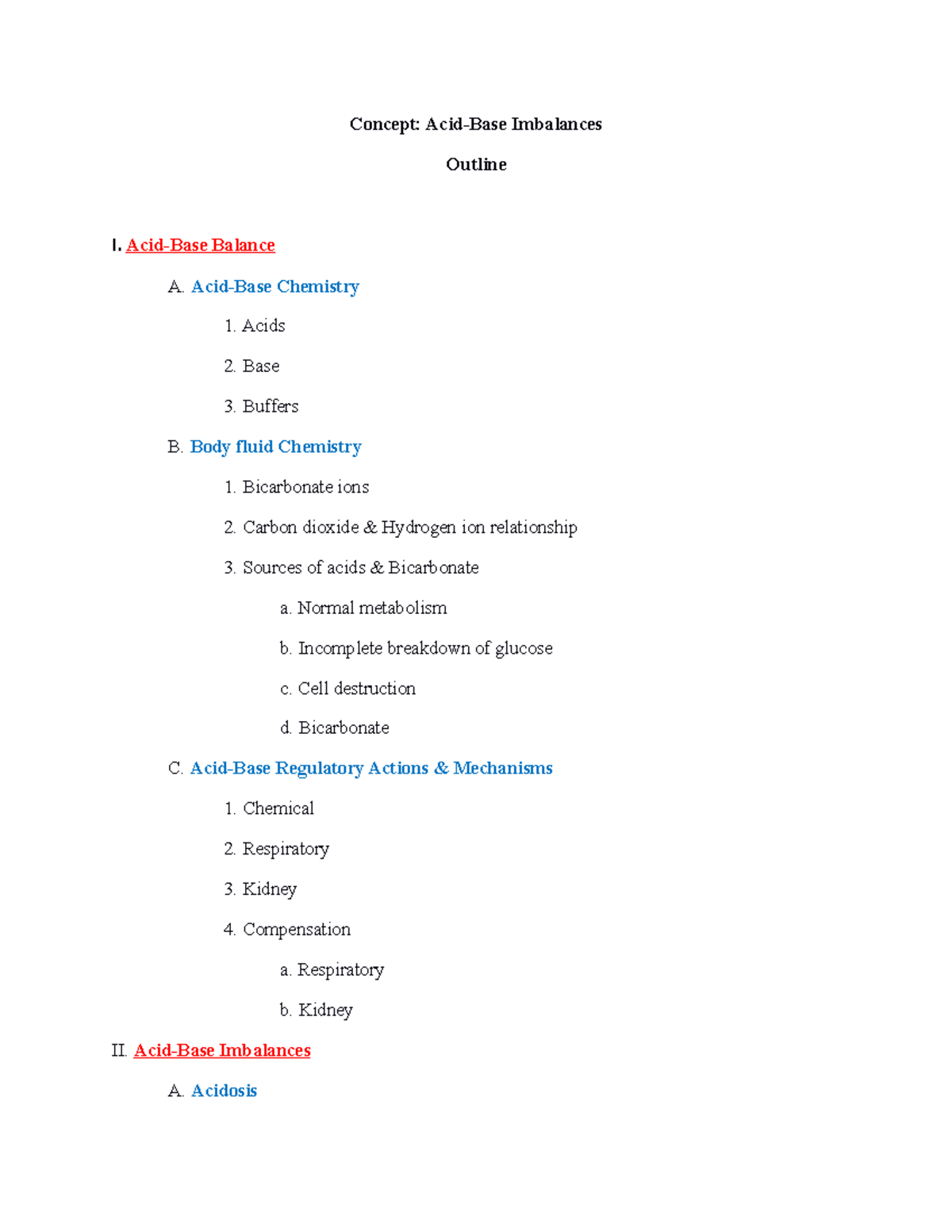 NUR 112- Acid Base outline - Concept: Acid-Base Imbalances Outline I ...