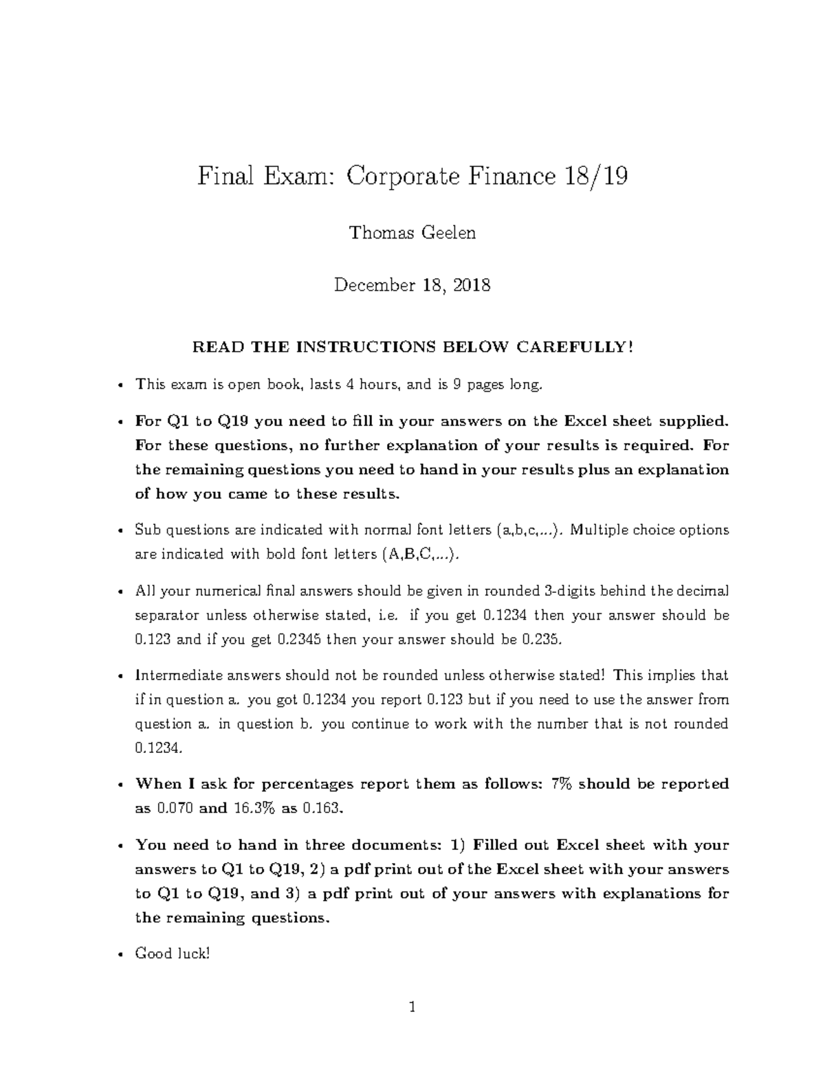 Final exam 18 - Exam - Final Exam: Corporate Finance 18/ Thomas Geelen ...