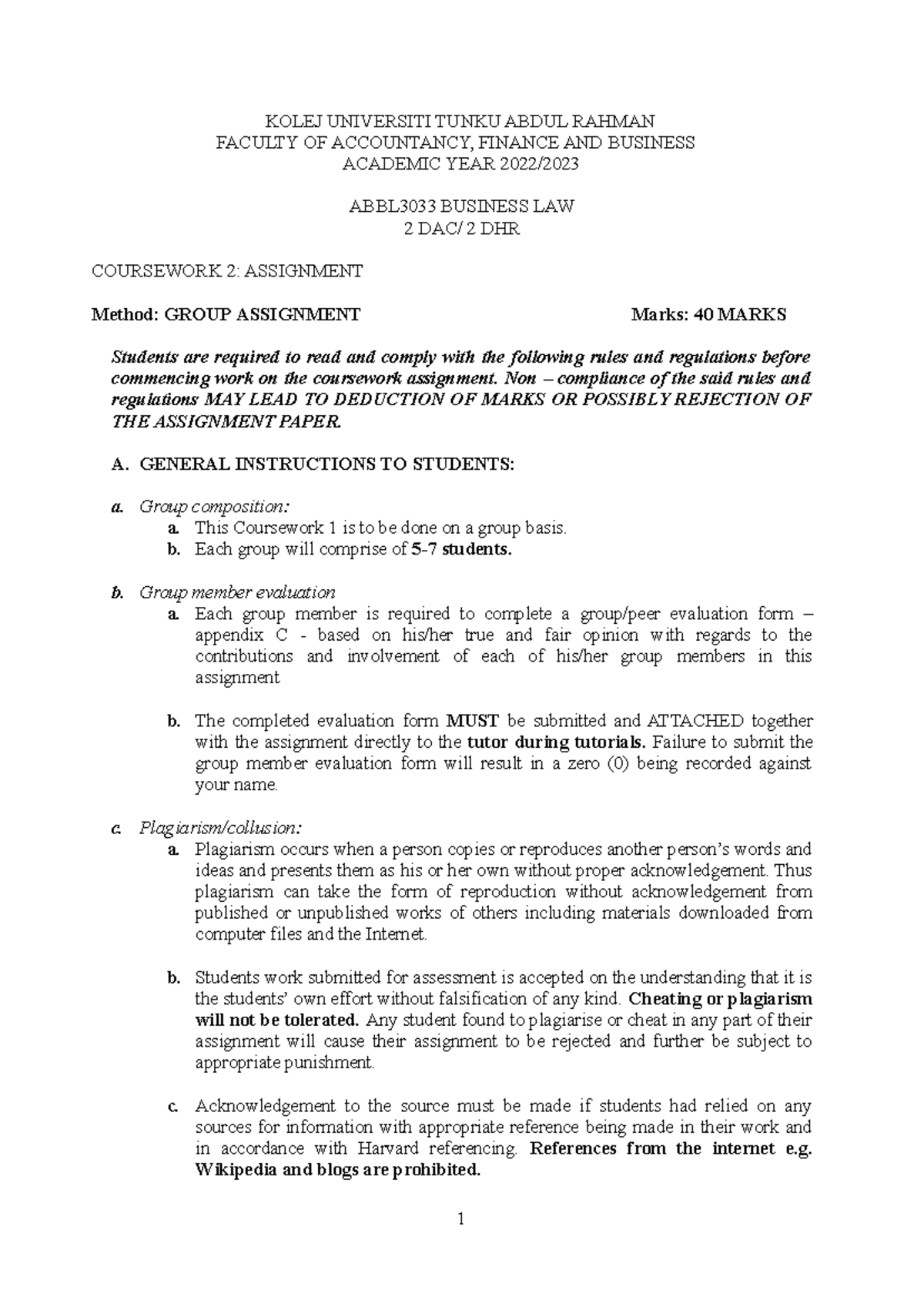 ABBL3033 Business Law Assignment (Q) - 1 KOLEJ UNIVERSITI TUNKU ABDUL ...