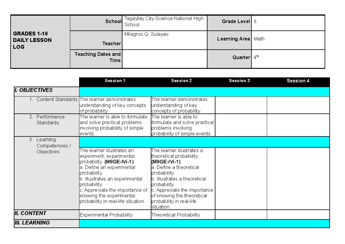 Daily Lesson Log Grade 8 Quarter 4 week 56 - GRADES 1- DAILY LESSON LOG ...