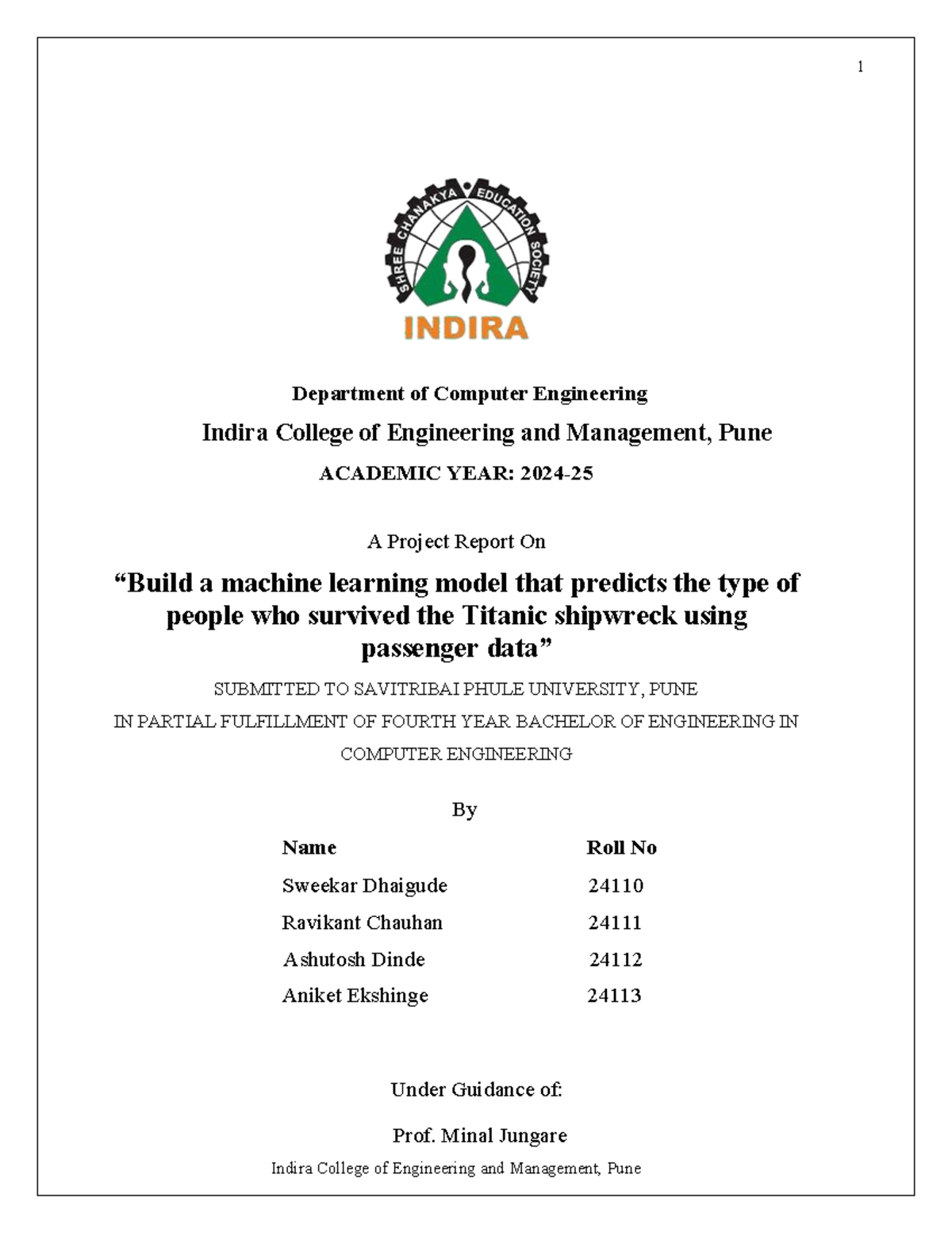 Machine Learning Mini Project Report - Department of Computer Engineering Indira College of ...