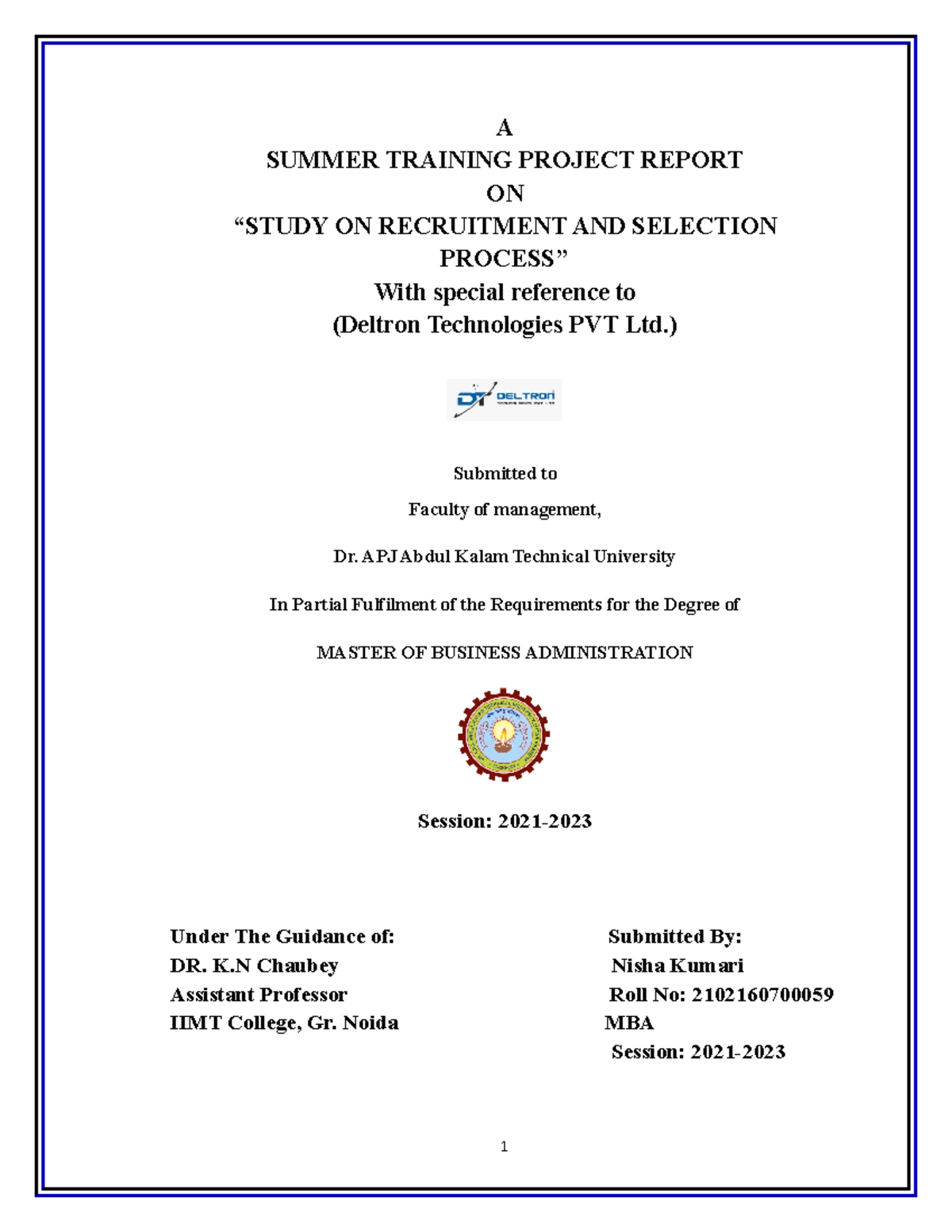Final sip report 1 - A SUMMER TRAINING PROJECT REPORT ON “STUDY ON ...