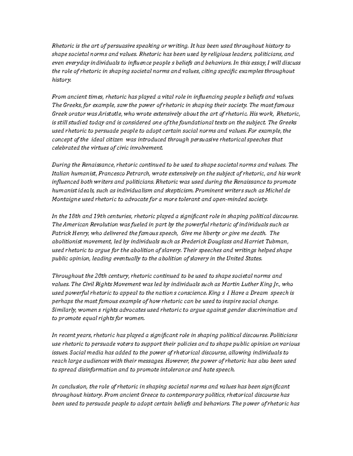 Rhetorical Essay - Discuss The Role Of Rhetoric In Shaping Societal ...