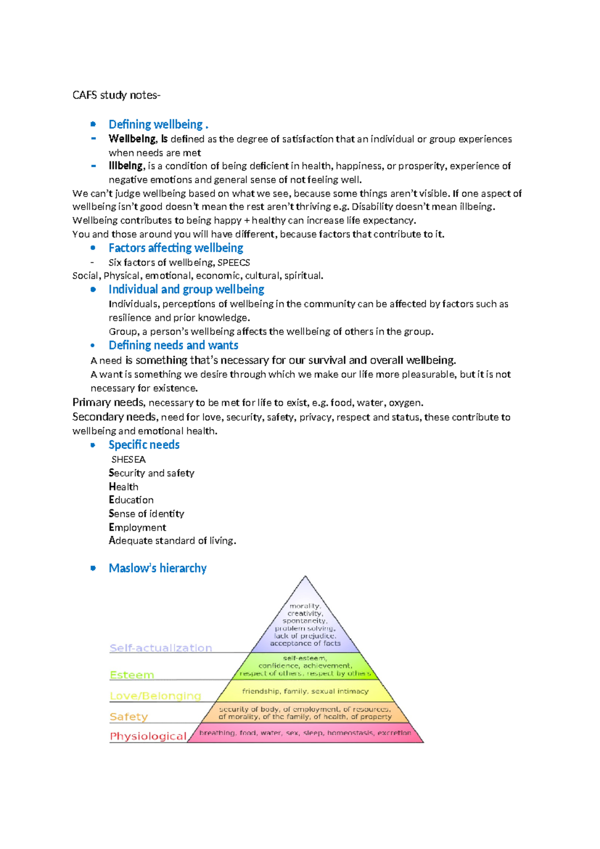 cafs study notes - CAFS study notes- Defining wellbeing. Wellbeing, is ...