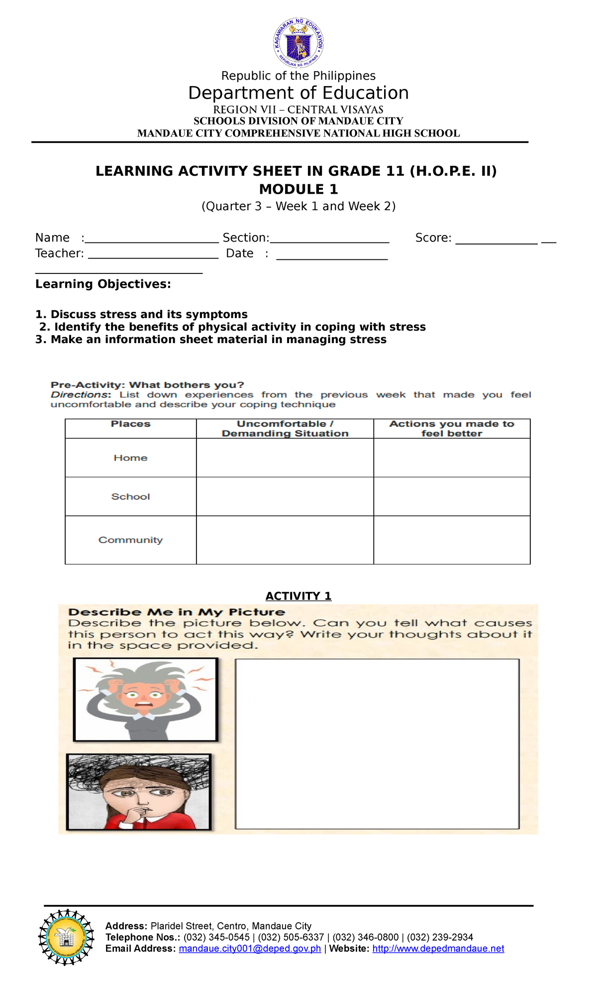 PE 2 Activity Sheet Module 1 - Republic of the Philippines Department ...