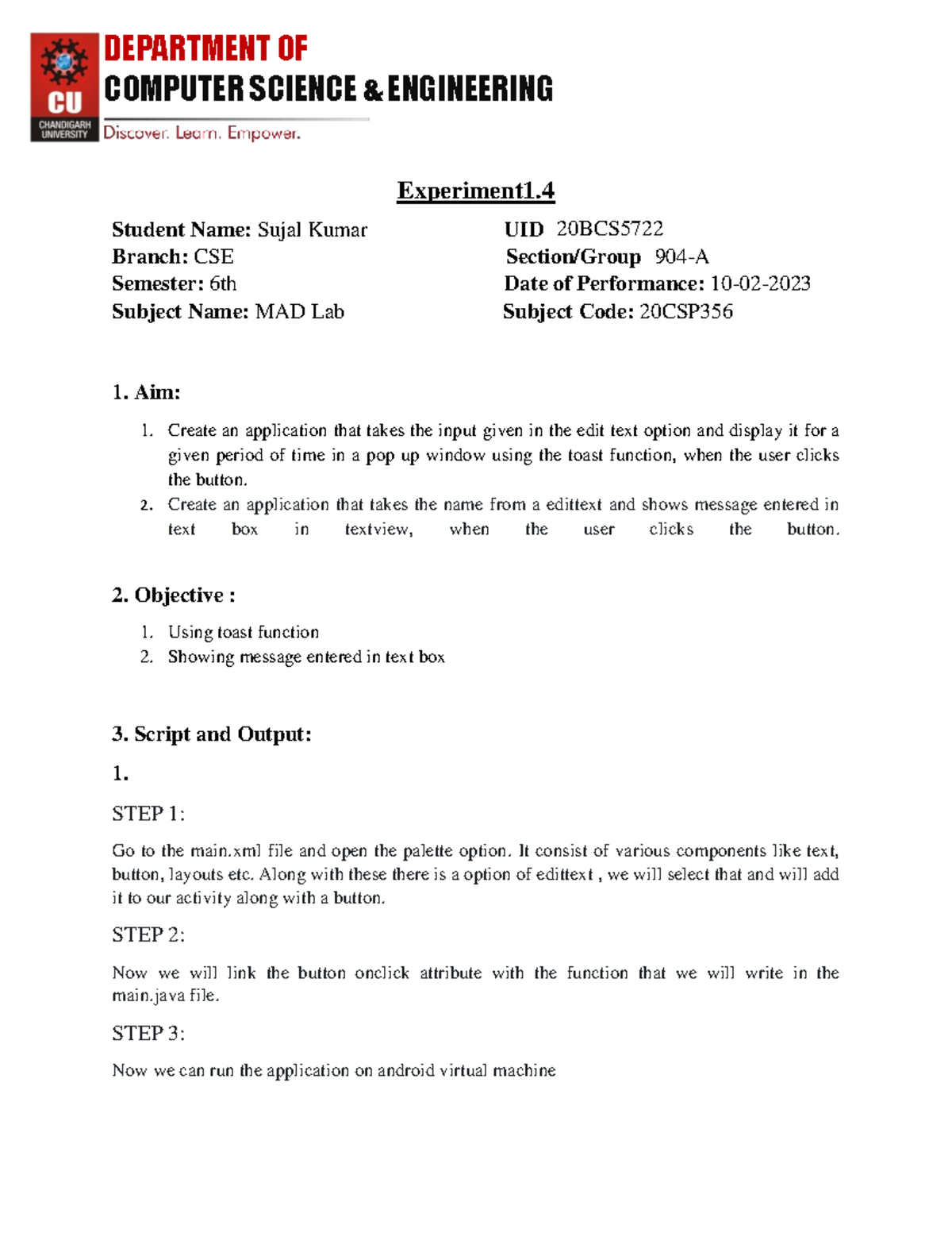 MAD Lab 1 - COMPUTER SCIENCE & ENGINEERING Experiment1. Student Name: Sujal Kumar UID Branch ...