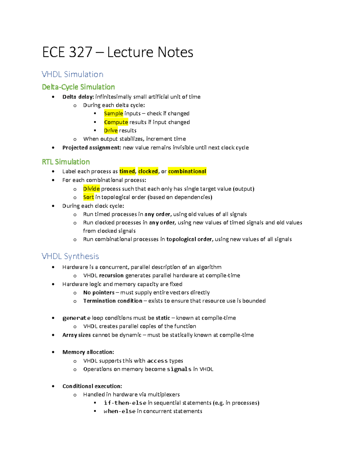 ECE327 Textbook Notes - ECE 327 – Lecture Notes VHDL Simulation Delta ...