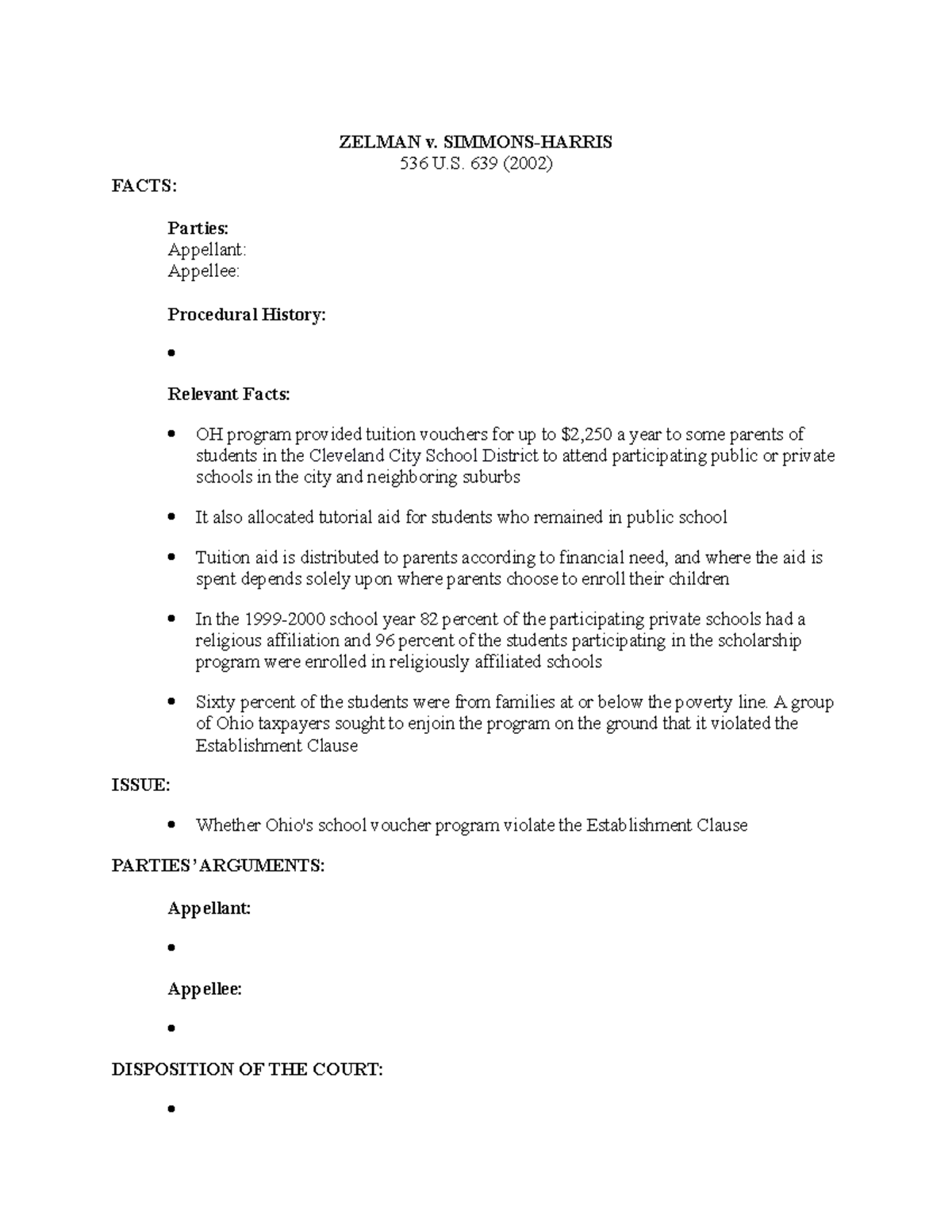 Zelman v. Simmons-Harris - ZELMAN v. SIMMONS-HARRIS 536 U. 639 (2002 ...