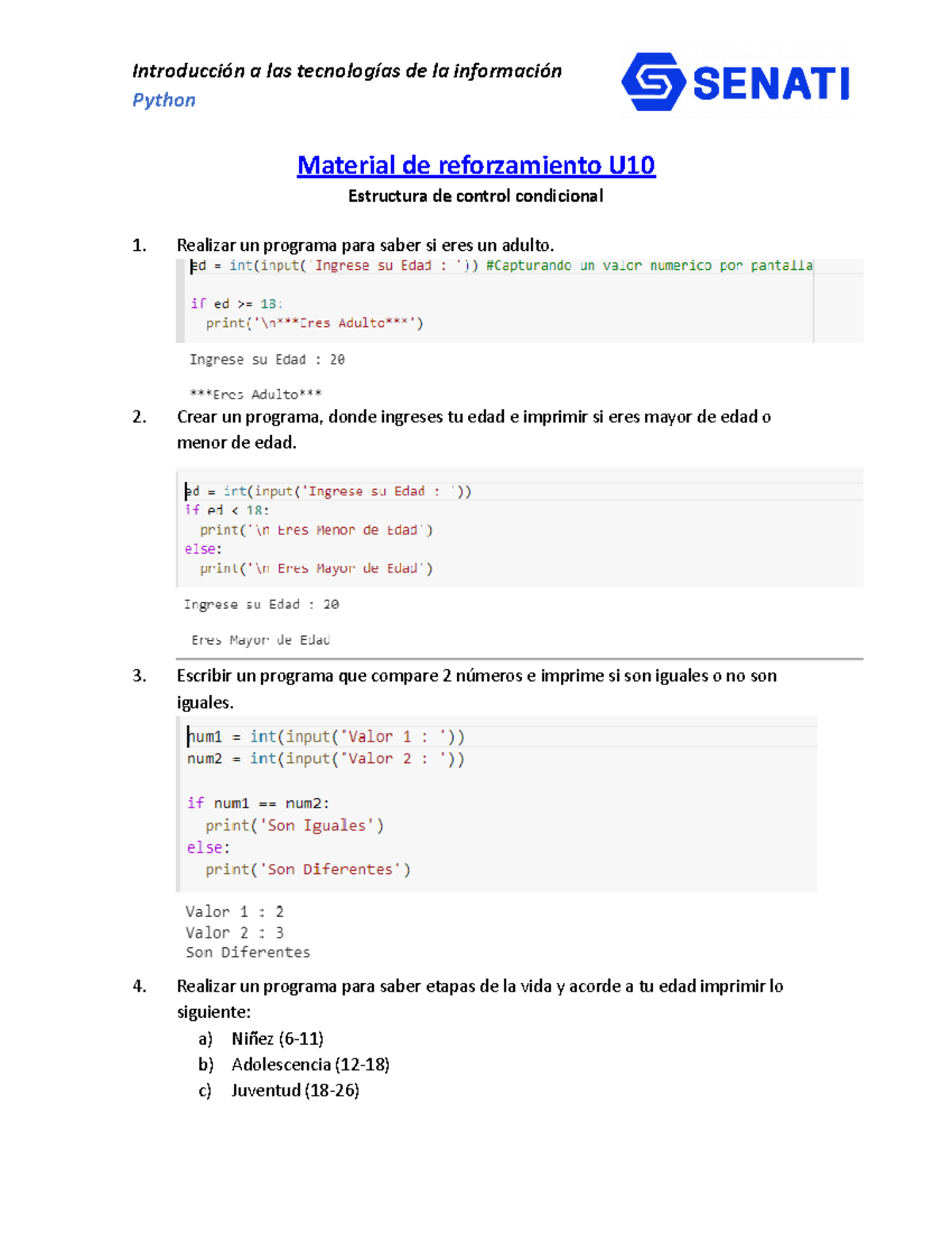 Material de reforzamiento U10 - Python Material de reforzamiento U Estructura de control ...
