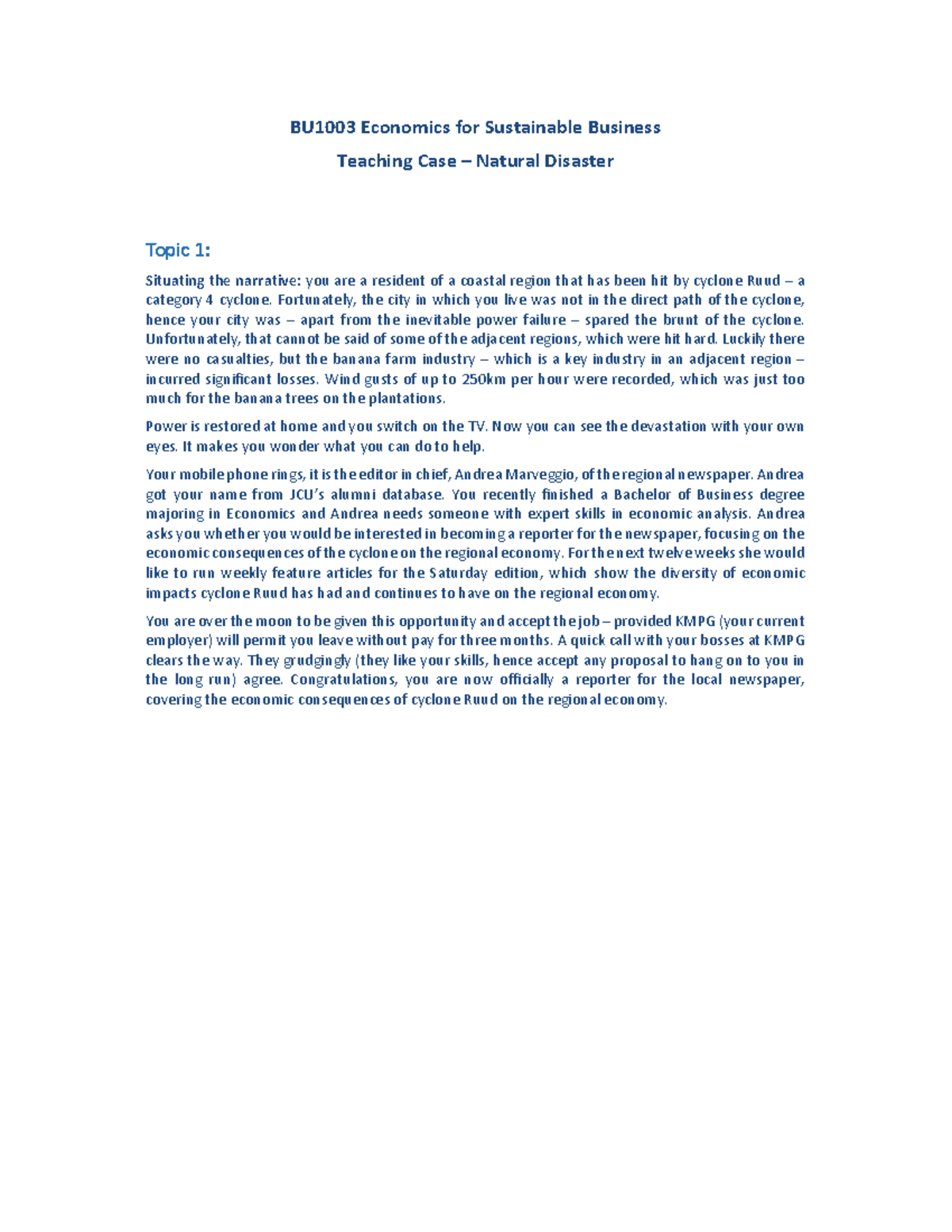 2019 BU1003 Weekly Case Studies - BU1003 Economics for Sustainable ...