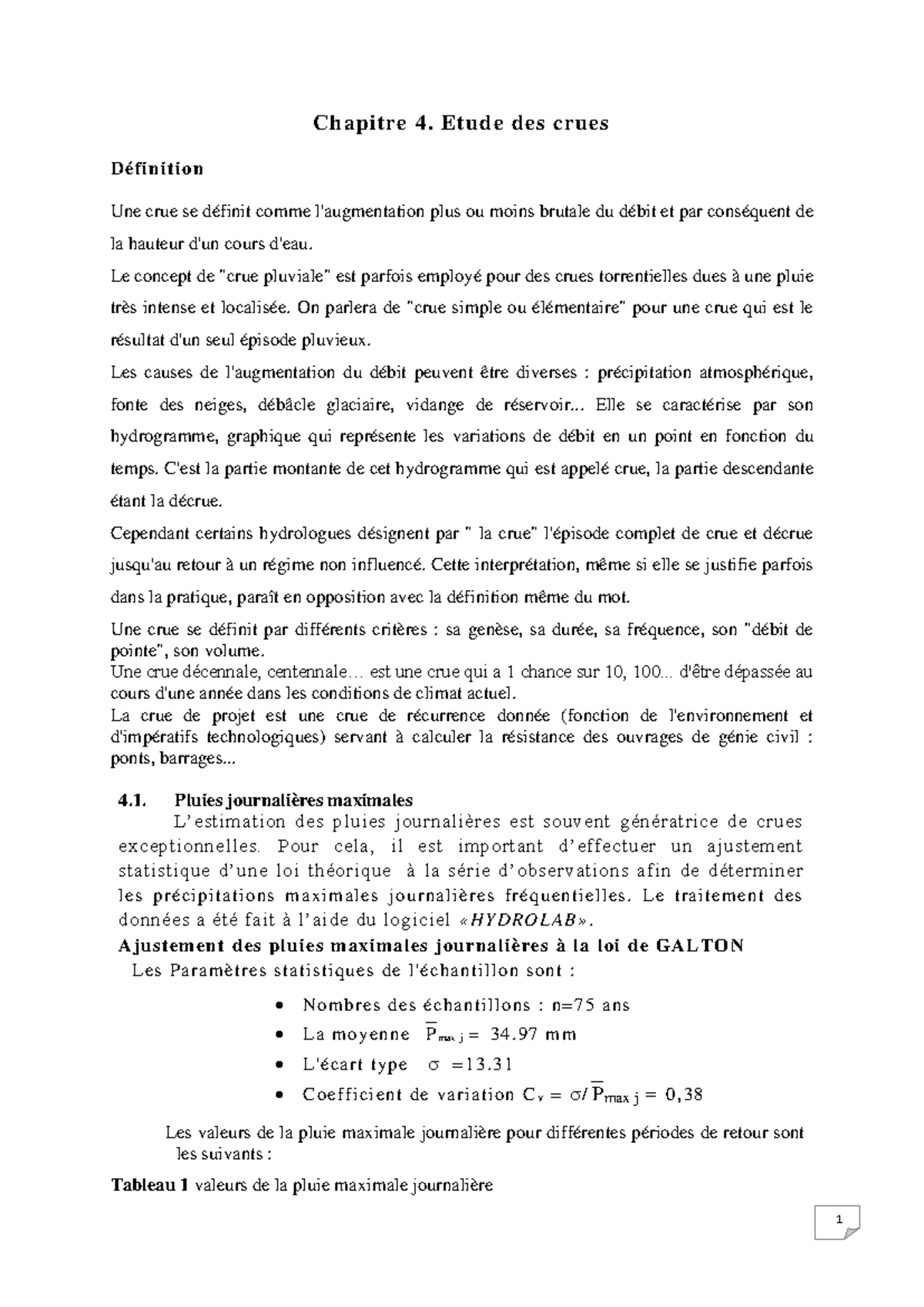 Chapitre 4. Etude des crues - Chapitre 4. Etude des crues Définition ...