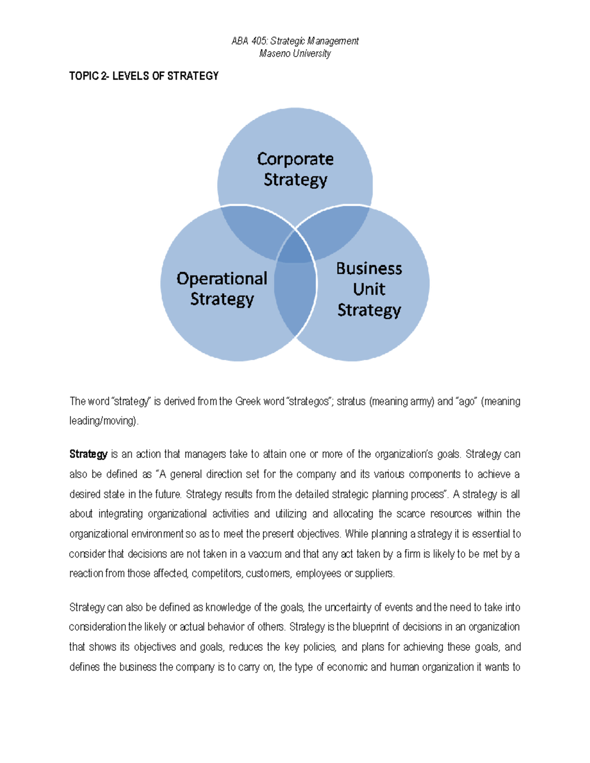 Topic 2 Notes - Maseno University TOPIC 2- LEVELS OF STRATEGY The word ...