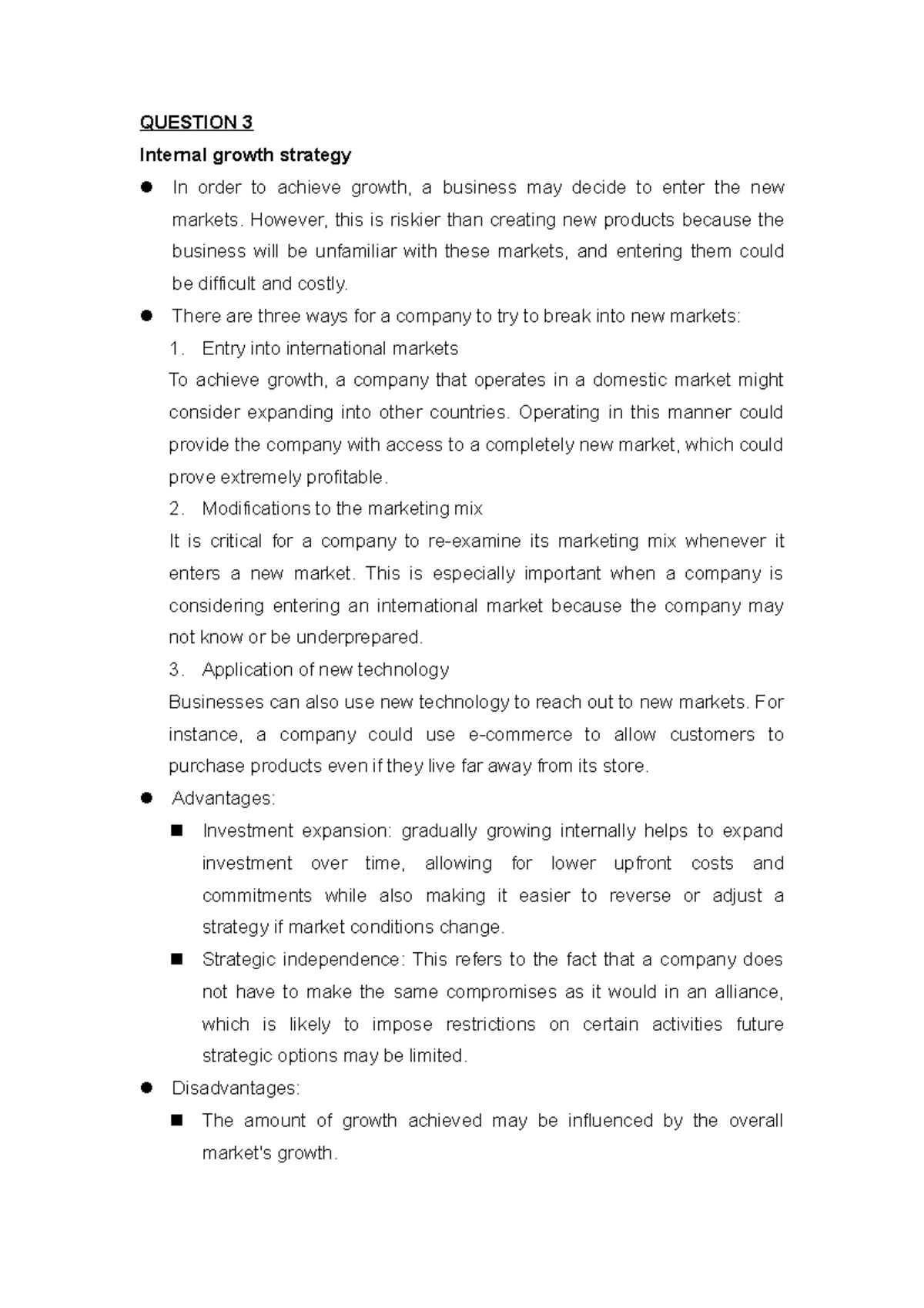 Question 3 Write UP maf671 - QUESTION 3 Internal growth strategy In ...