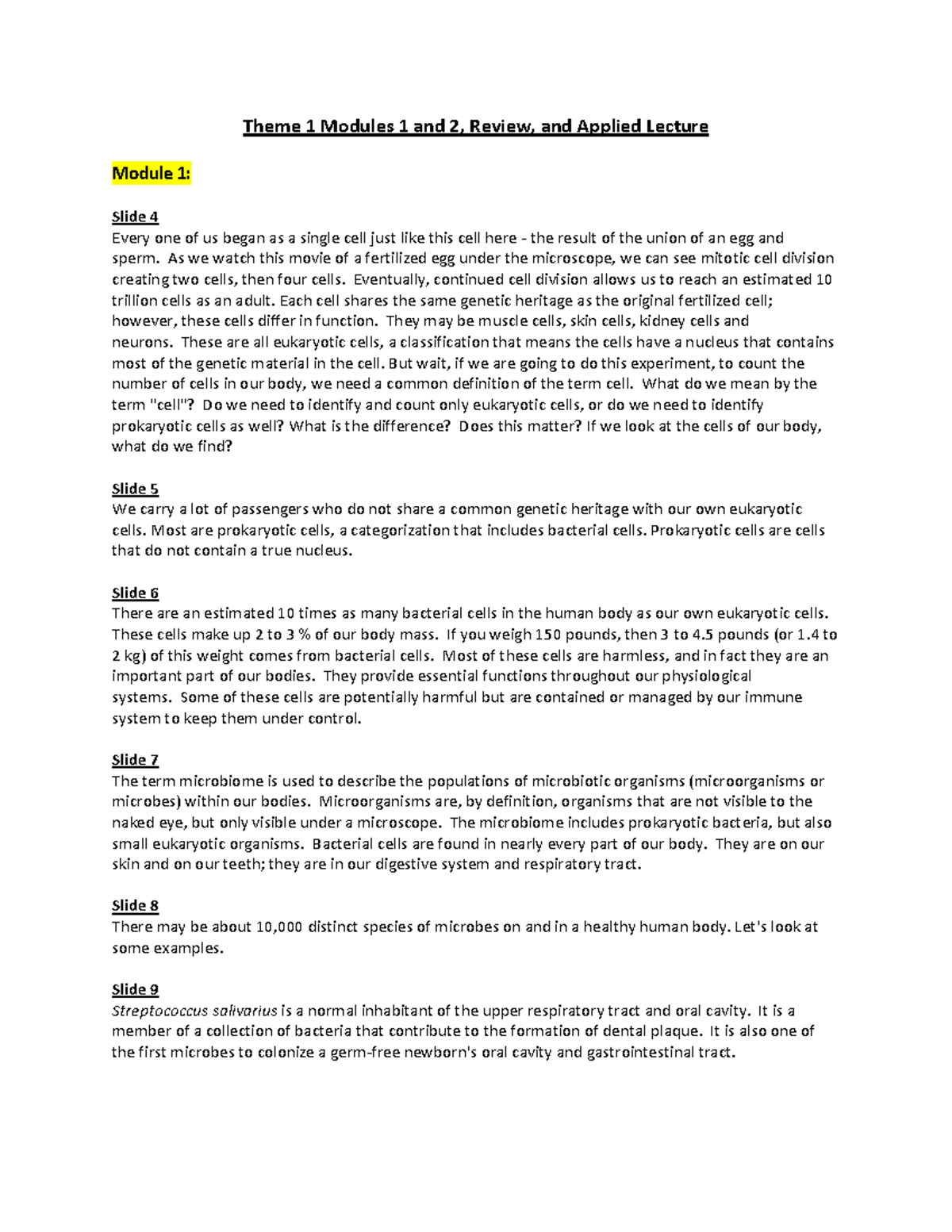Theme 1 Modules 1 and 2, Review, and Applied Lecture Script Notes- Bio ...