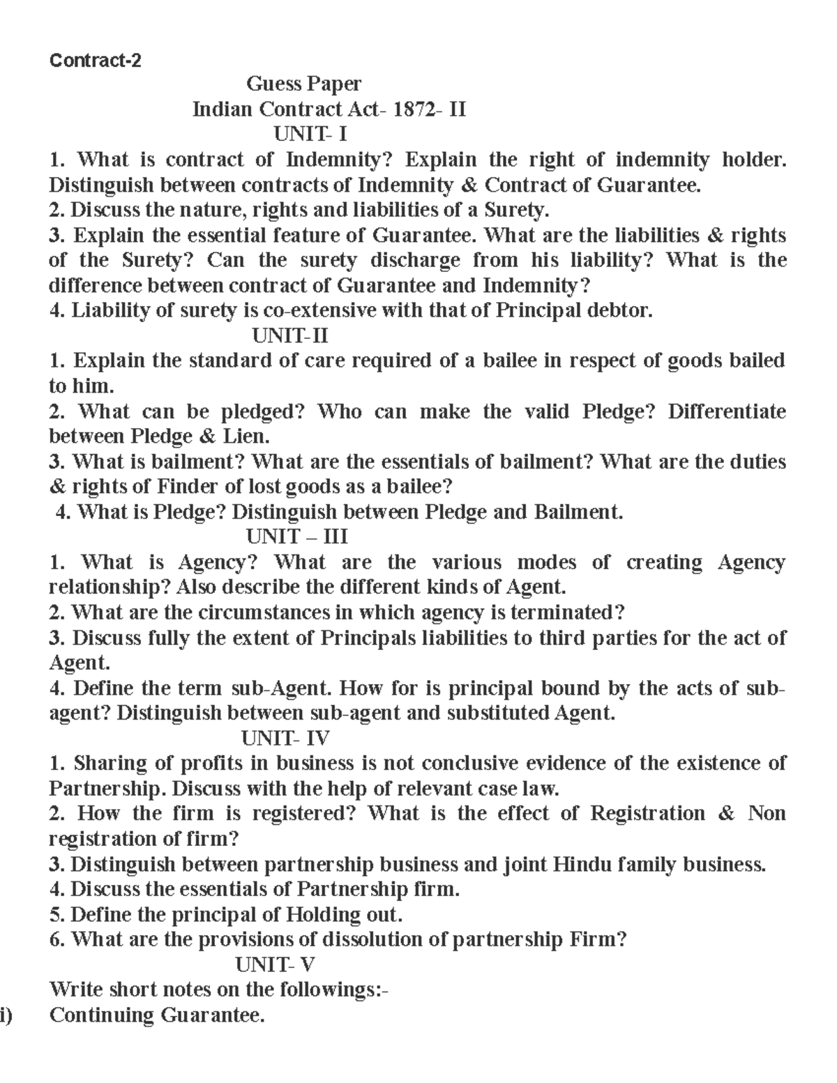 Contract 2 law ques and ans - Contract- Guess Paper Indian Contract Act ...