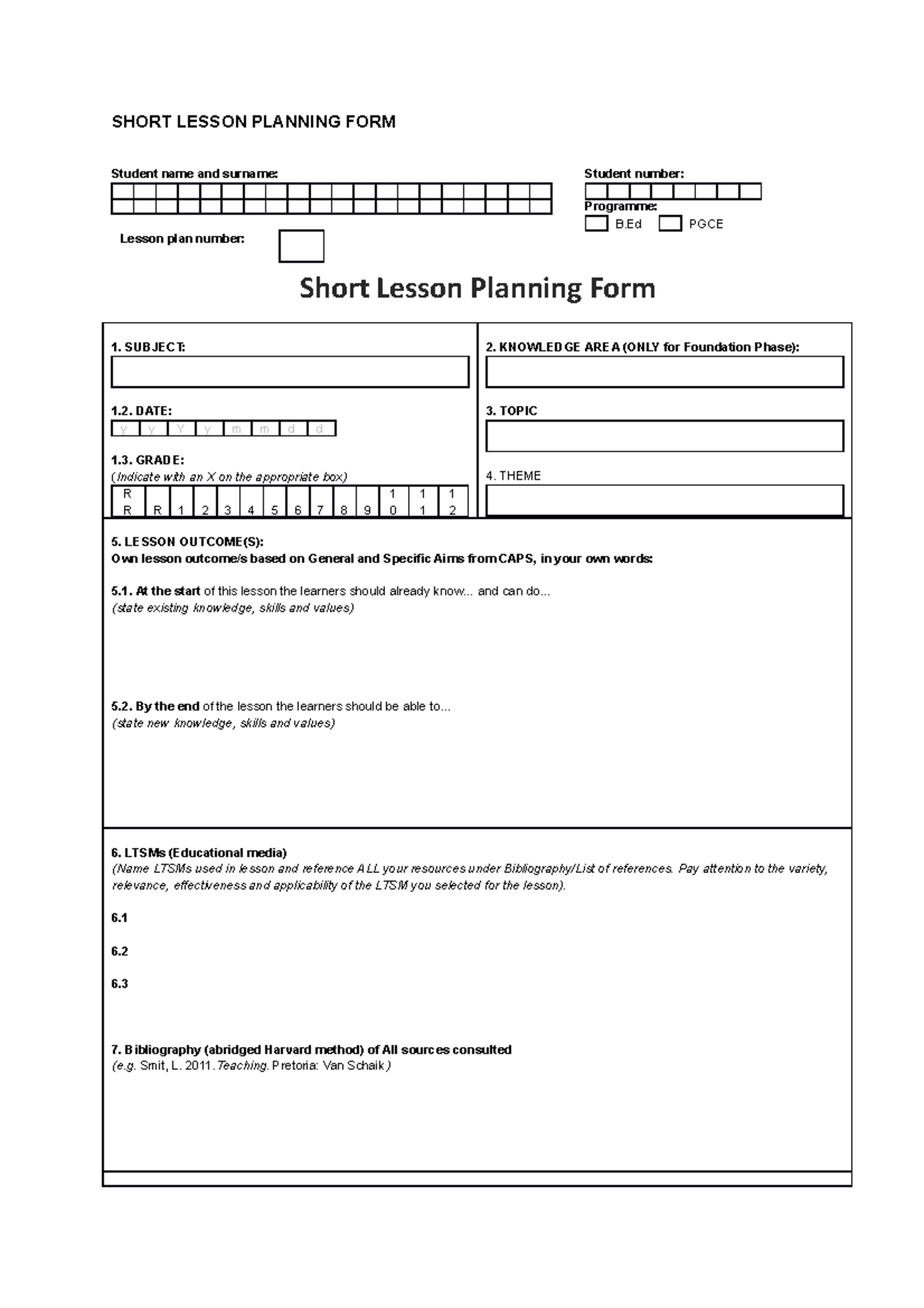 Short lesson plan - SHORT LESSON PLANNING FORM Student name and surname ...