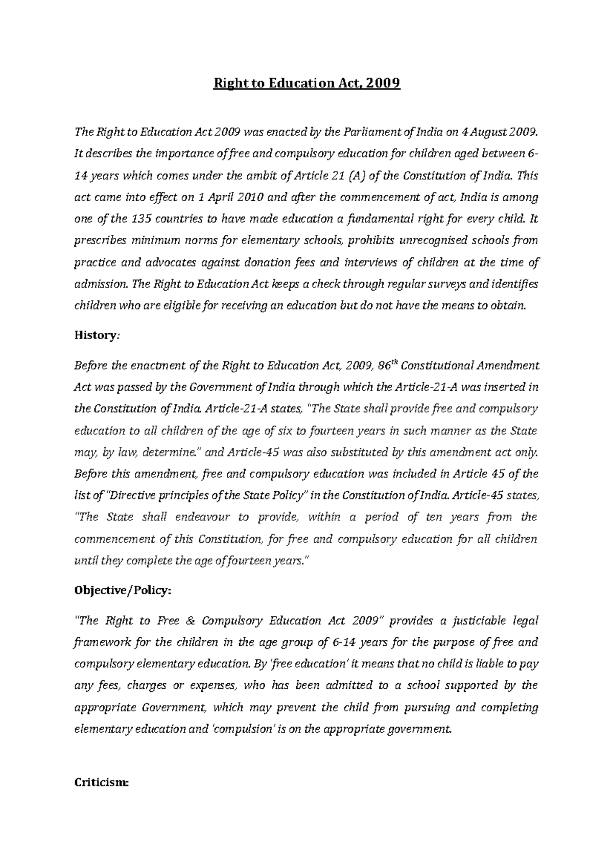 RTE Riya dii - Right to Education - Right to Education Act, 2009 The ...