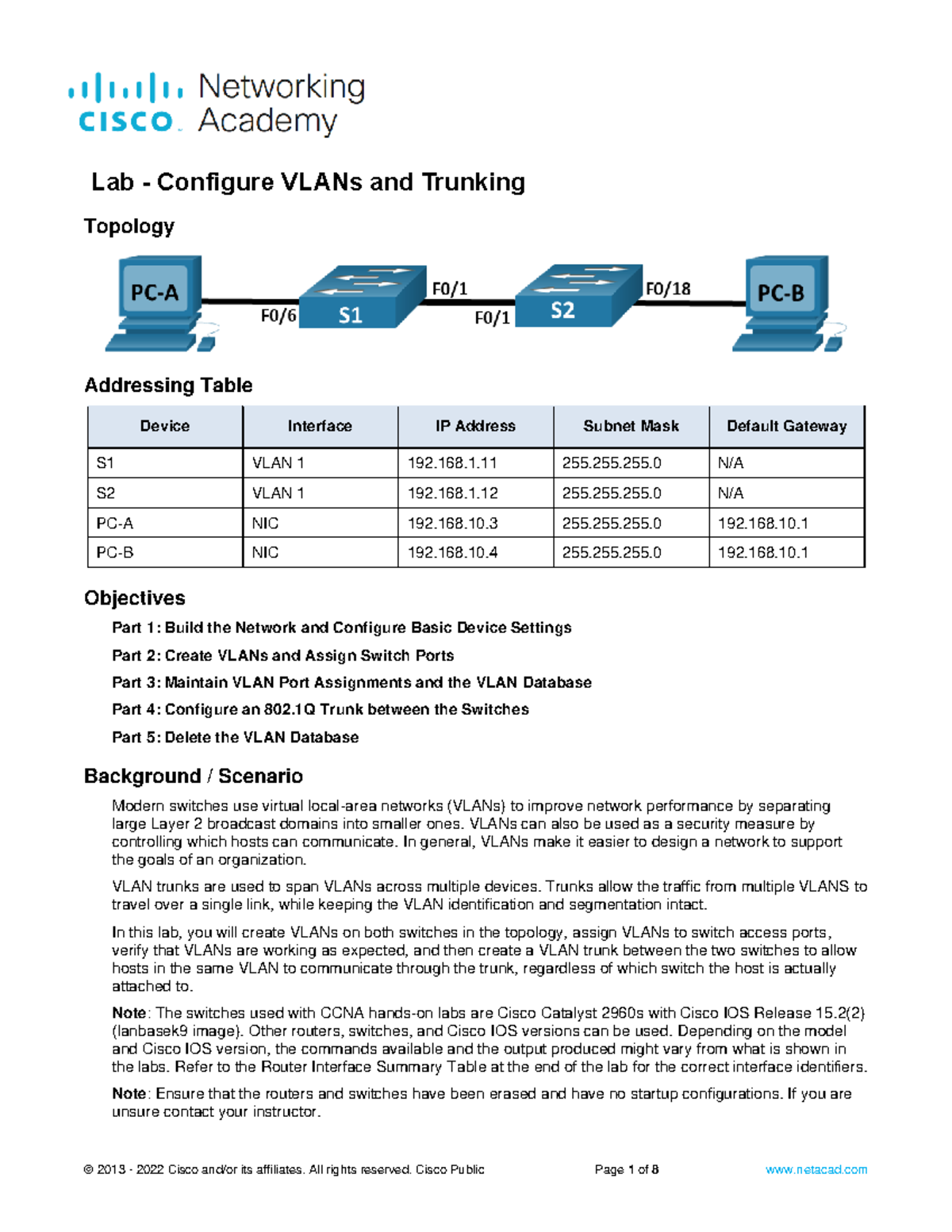 Praclab 2 - Lab - Configure VLANs and Trunking - Topology Addressing ...