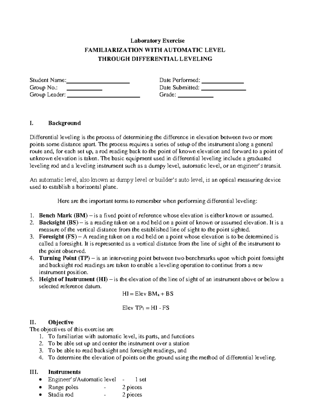 Autolevel Exercise - Auto Level Fieldwork - Laboratory Exercise ...