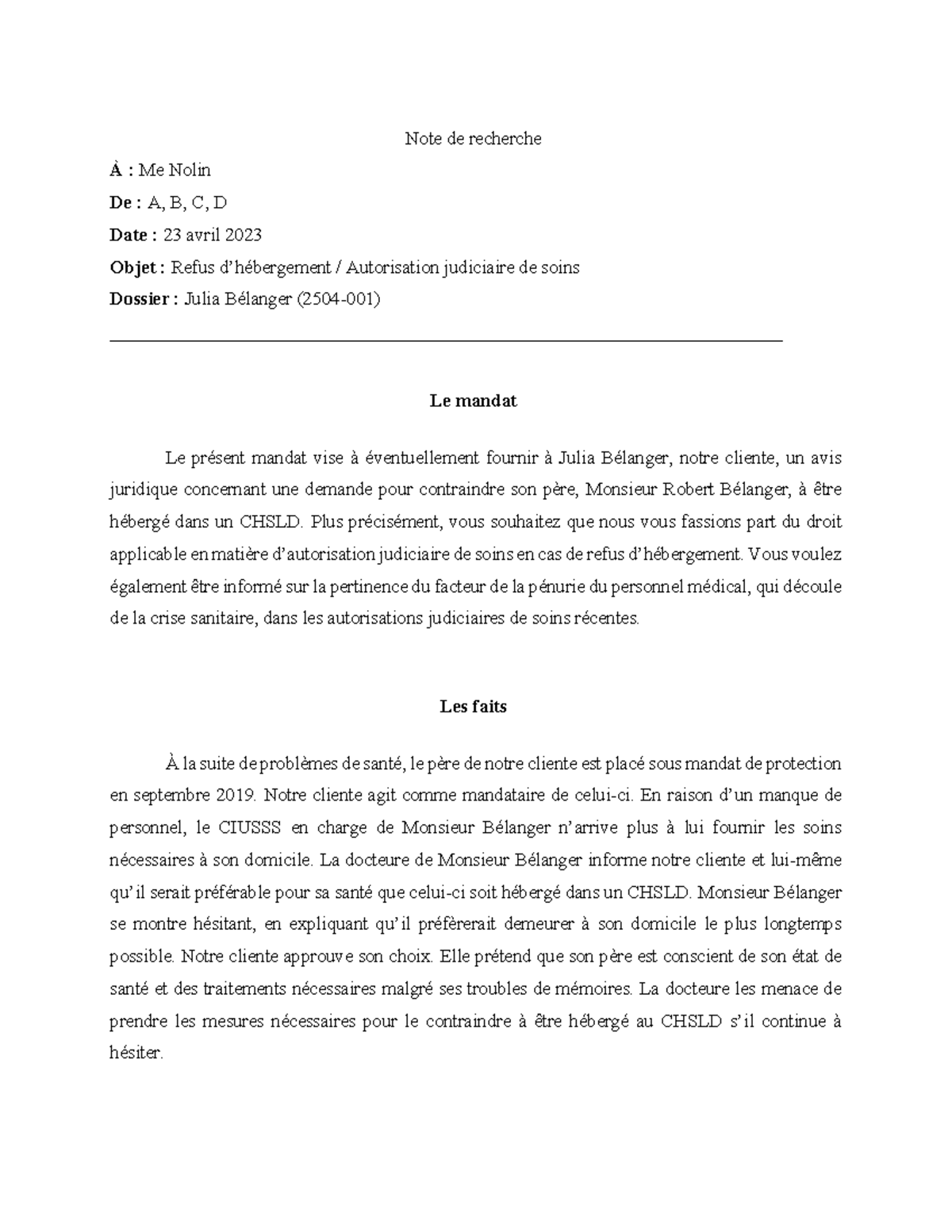 Travail final note de recherche - Note de recherche À : Me Nolin De : A ...