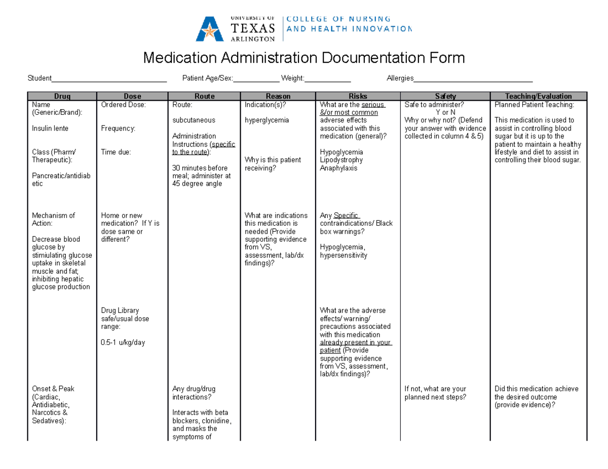Insulin lente - lmao - Medication Administration Documentation Form ...