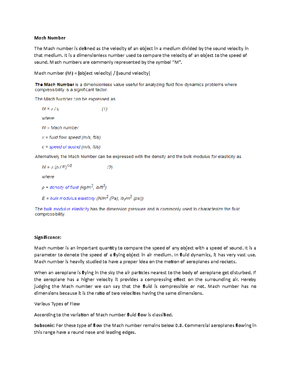 3-Mach Number - Mach Number The Mach number is defined as the velocity ...