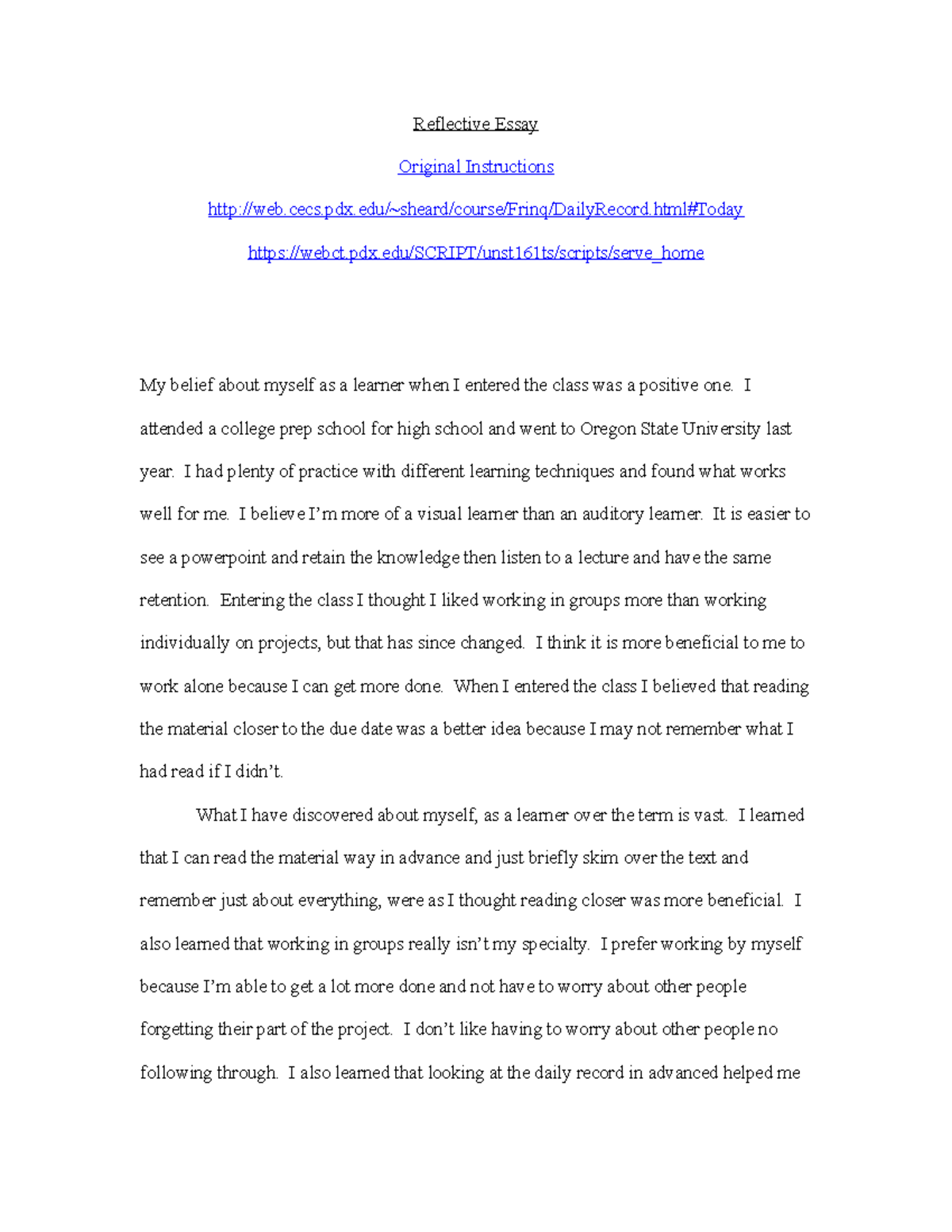 Reflective essay example 02 - Reflective Essay Original Instructions ...