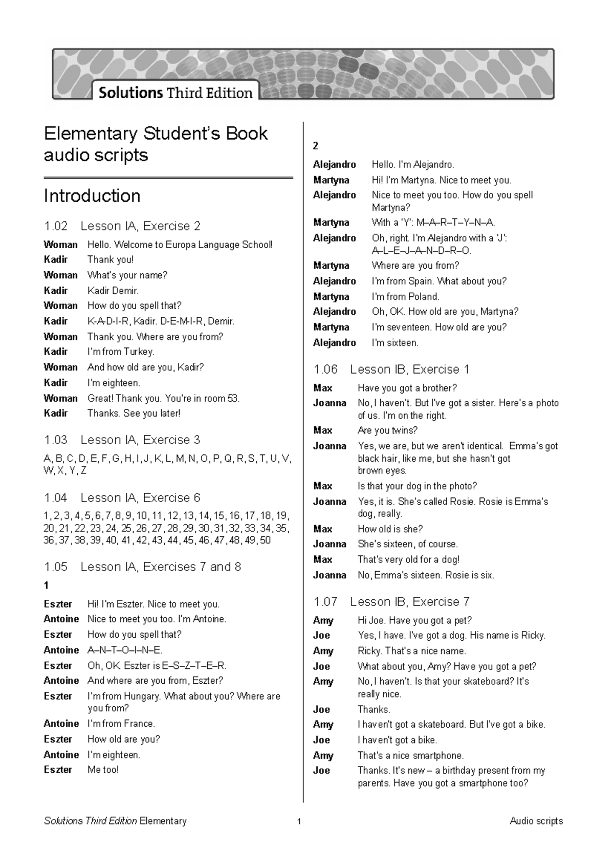 Elementary Audio Scripts for SB - Elementary Student’s Book audio ...