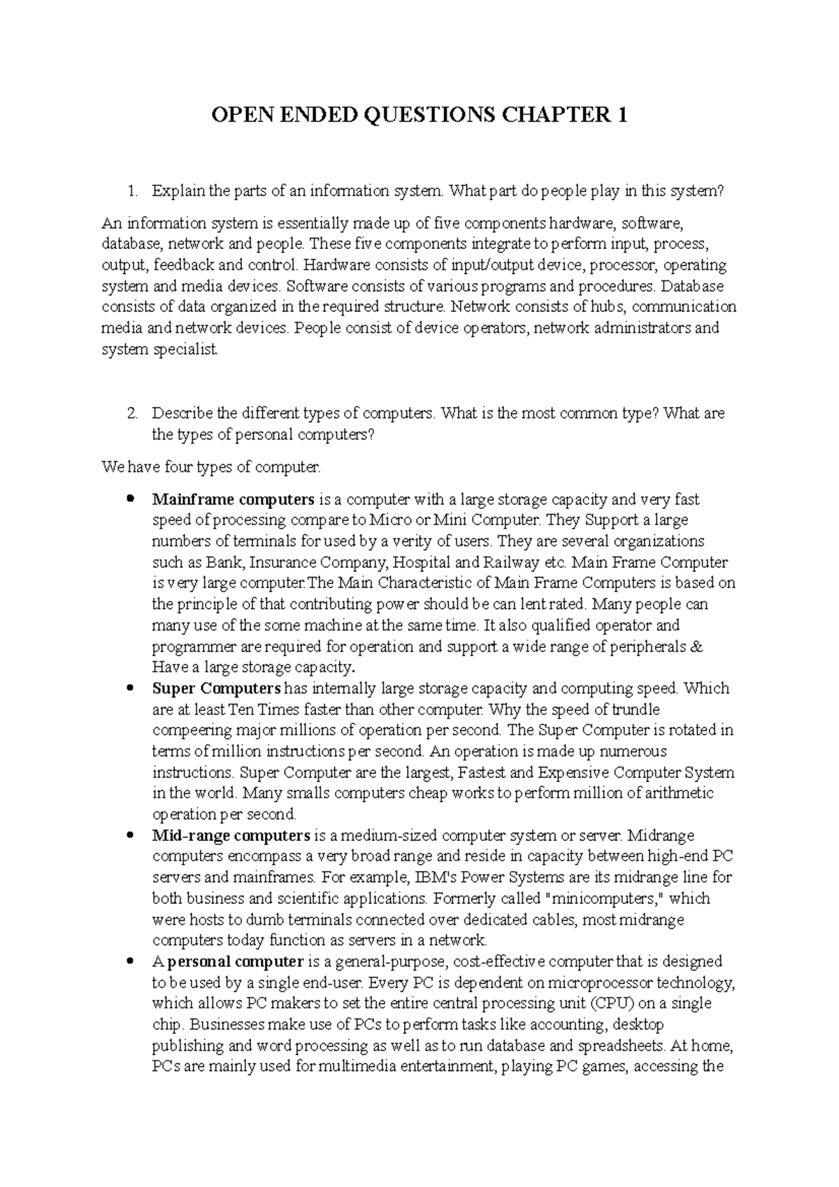 OPEN Ended Questions CSC Chapt 1-5 - OPEN ENDED QUESTIONS CHAPTER 1 ...