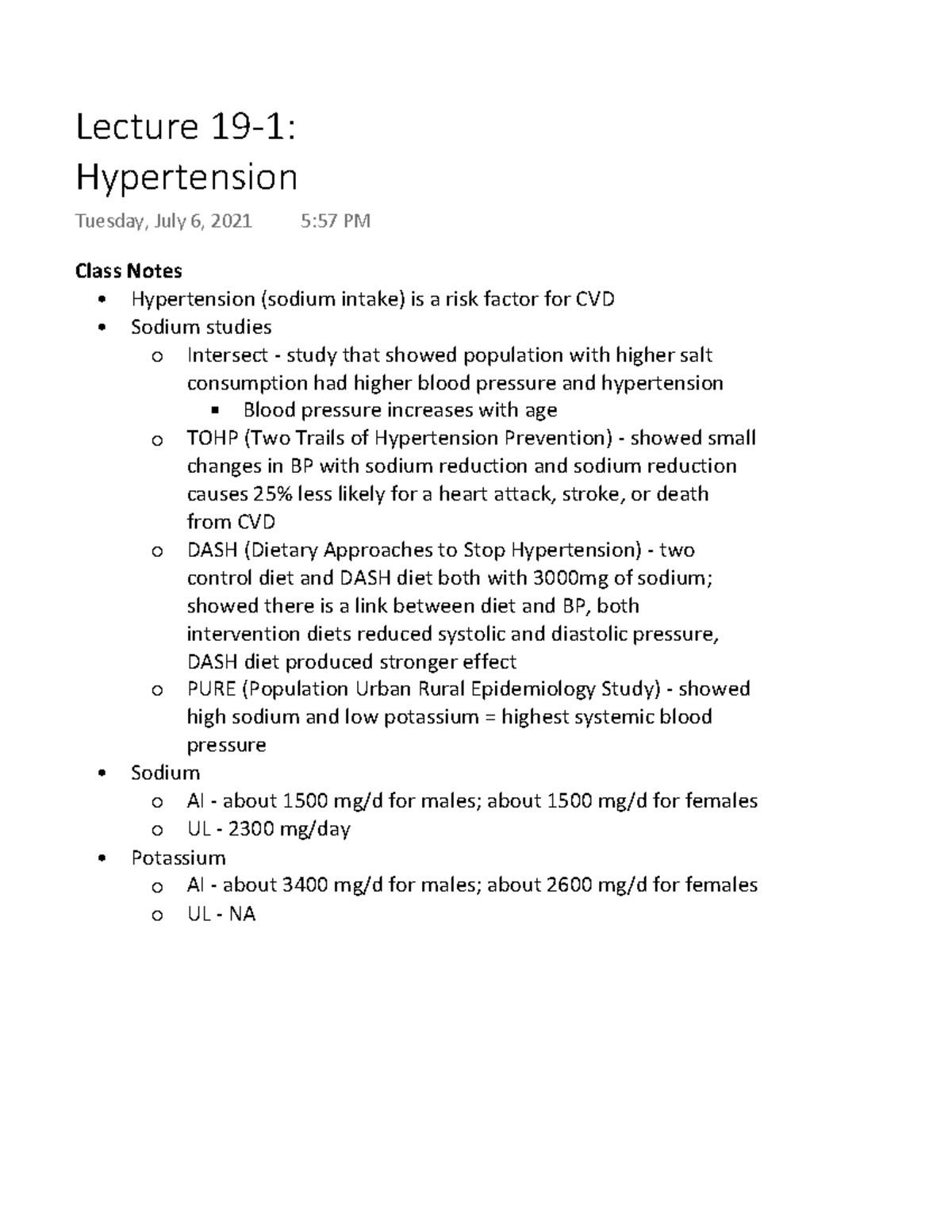 Lecture 19-1- Hypertension - Class Notes - Hypertension (sodium intake ...