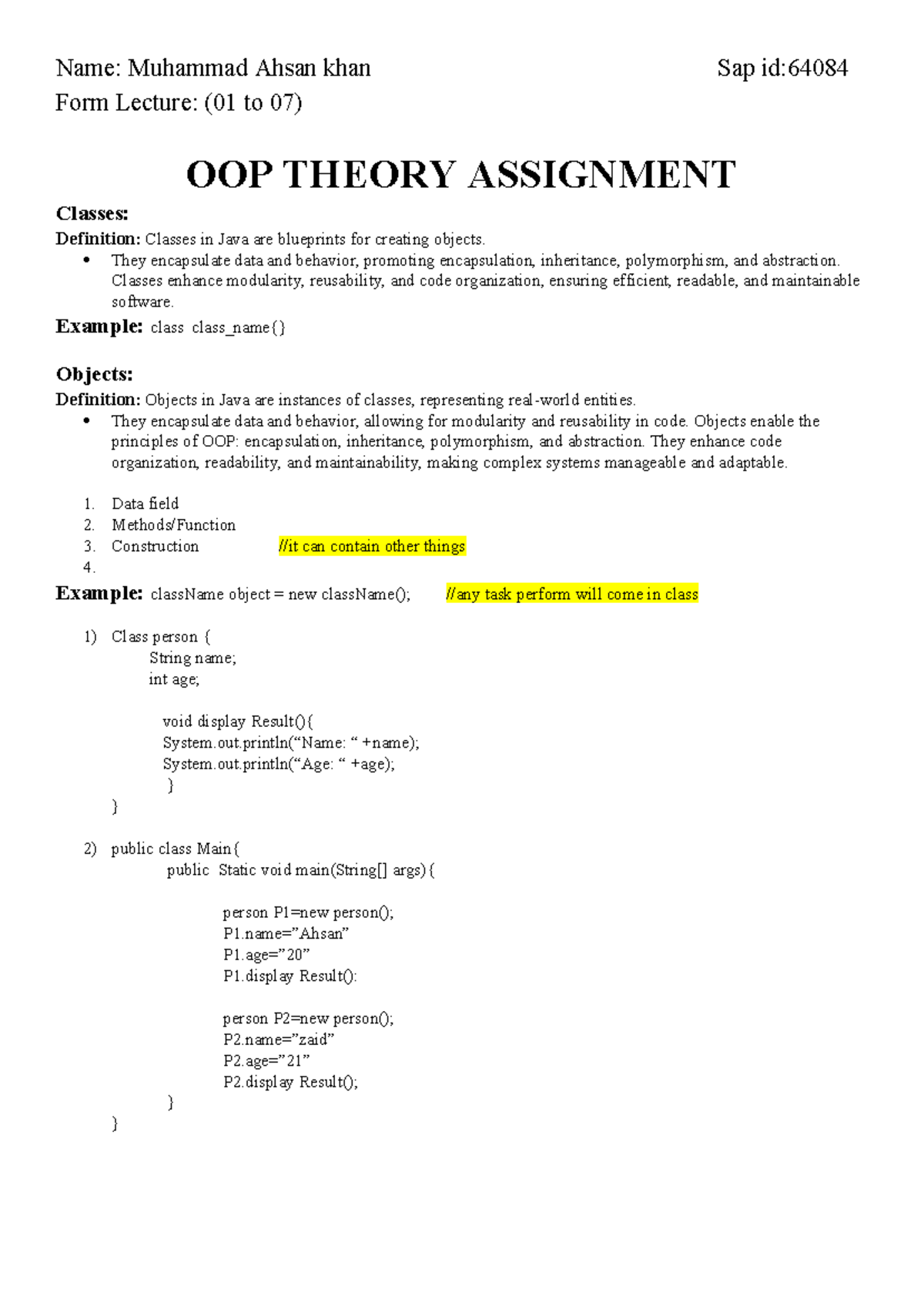 Oop Assignment No 1 Name Muhammad Ahsan Khan Sap Id Form Lecture 01 To 07 Oop Theory