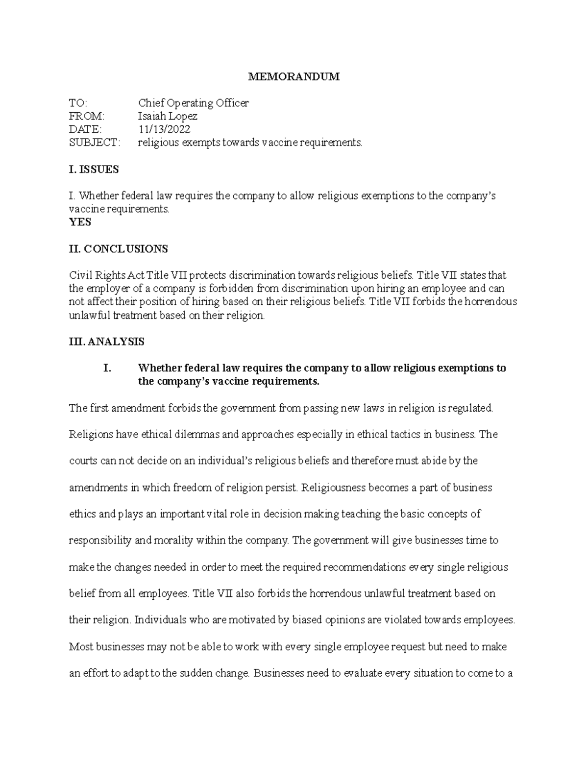 Topic 6 Final Memo - assignment - MEMORANDUM TO: Chief Operating ...