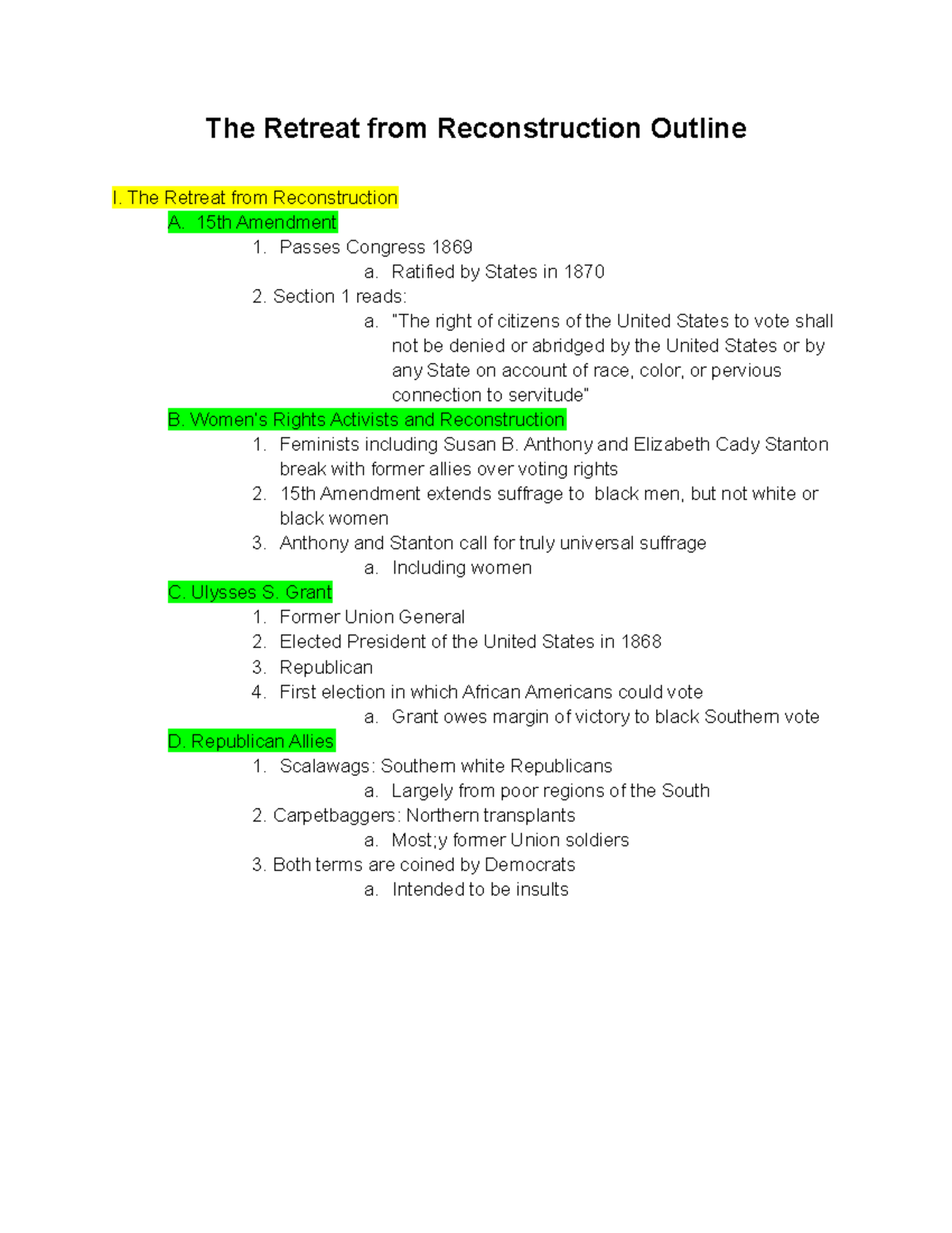 The Retreat from Reconstruction Outline Notes - The Retreat from ...