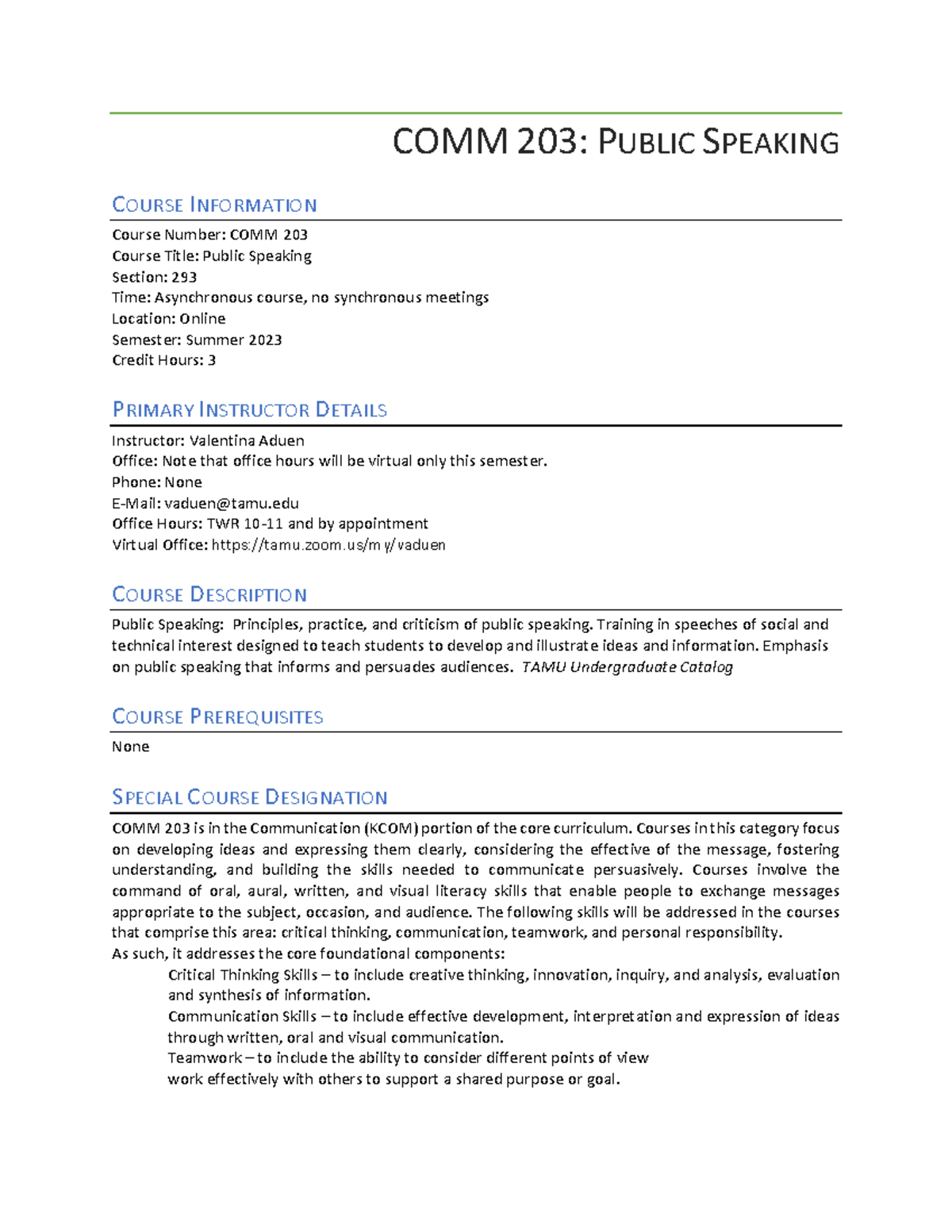 Aduen Sum23 COMM 203-293 - COMM 203: PUBLIC SPEAKING COURSE INFORMATION Course Number: COMM 203 ...