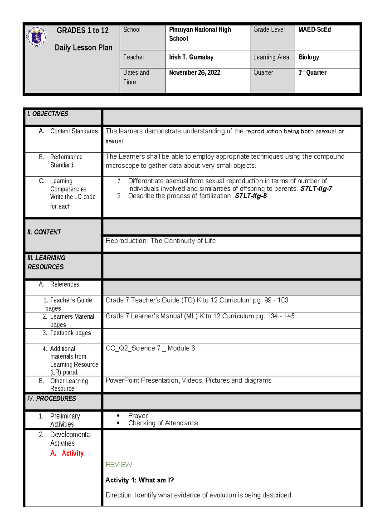 Lesson Plan - GRADES 1 to 12 Daily Lesson Plan School Pintuyan National ...