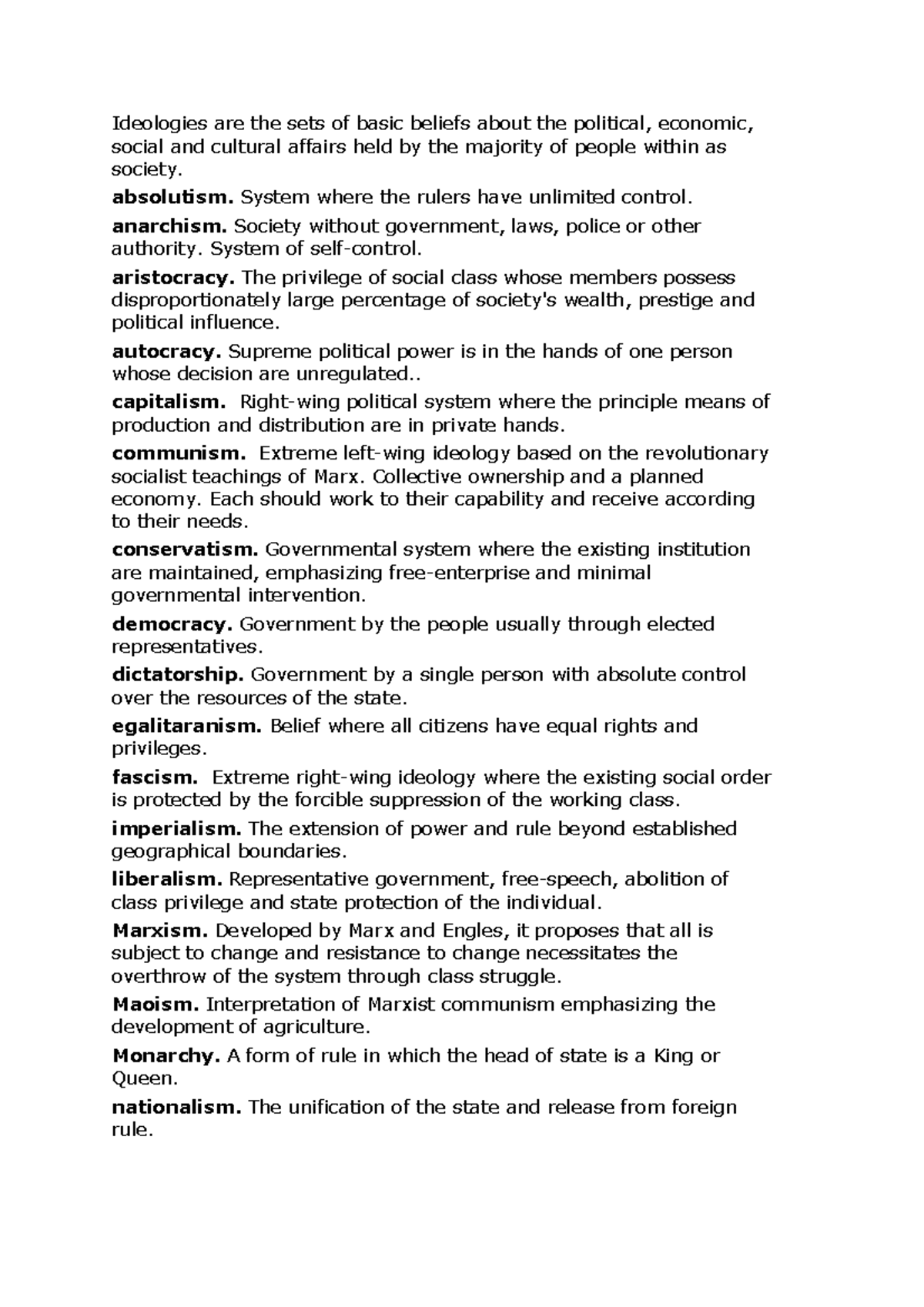 Ideologies - Lecture notes 1-5 - Ideologies are the sets of basic ...