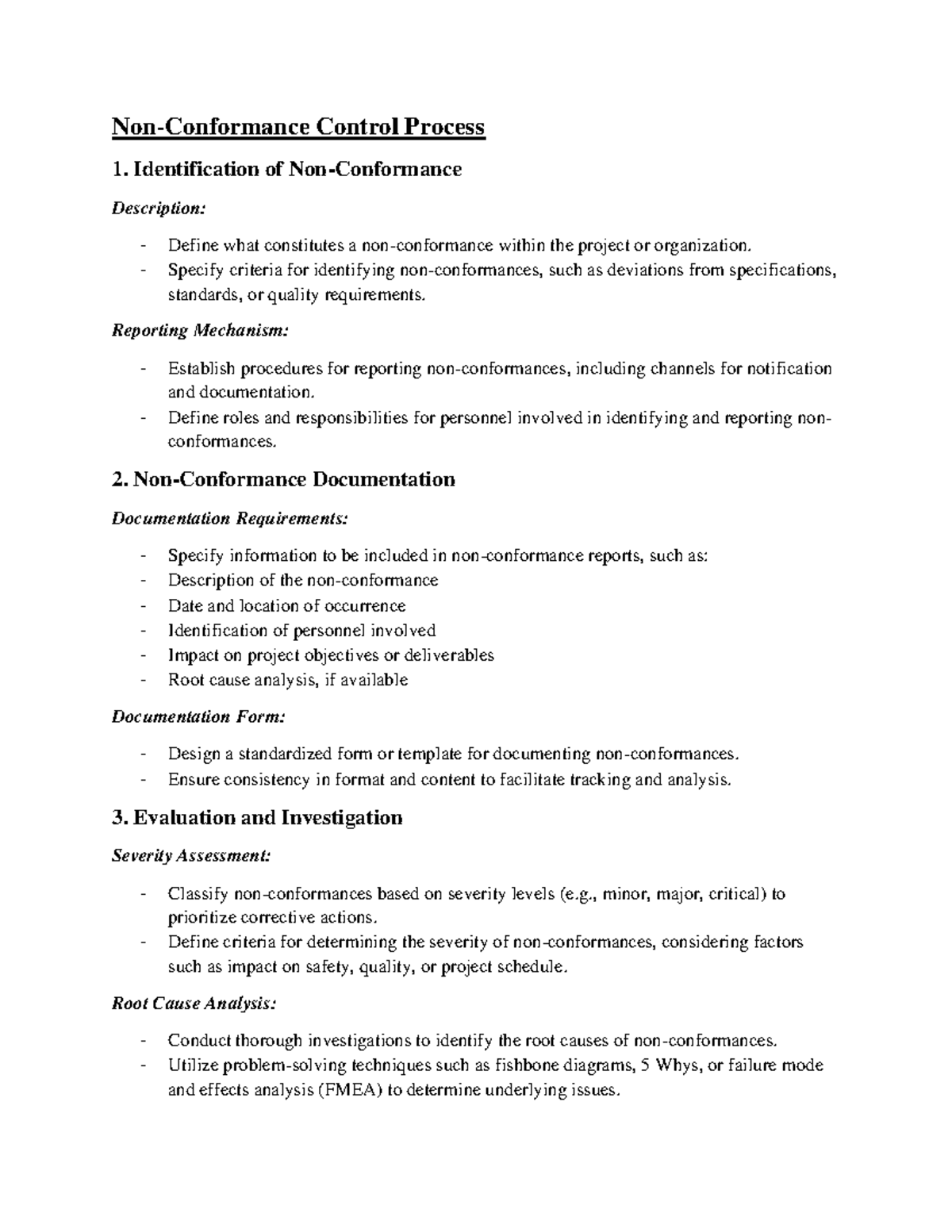 Non-Conformance Control Process - Identification of Non-Conformance ...