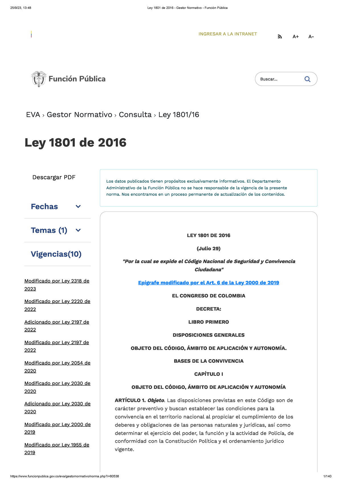 Ley 1801 de 2016 - Gestor Normativo - Función Pública - INGRESAR A LA ...