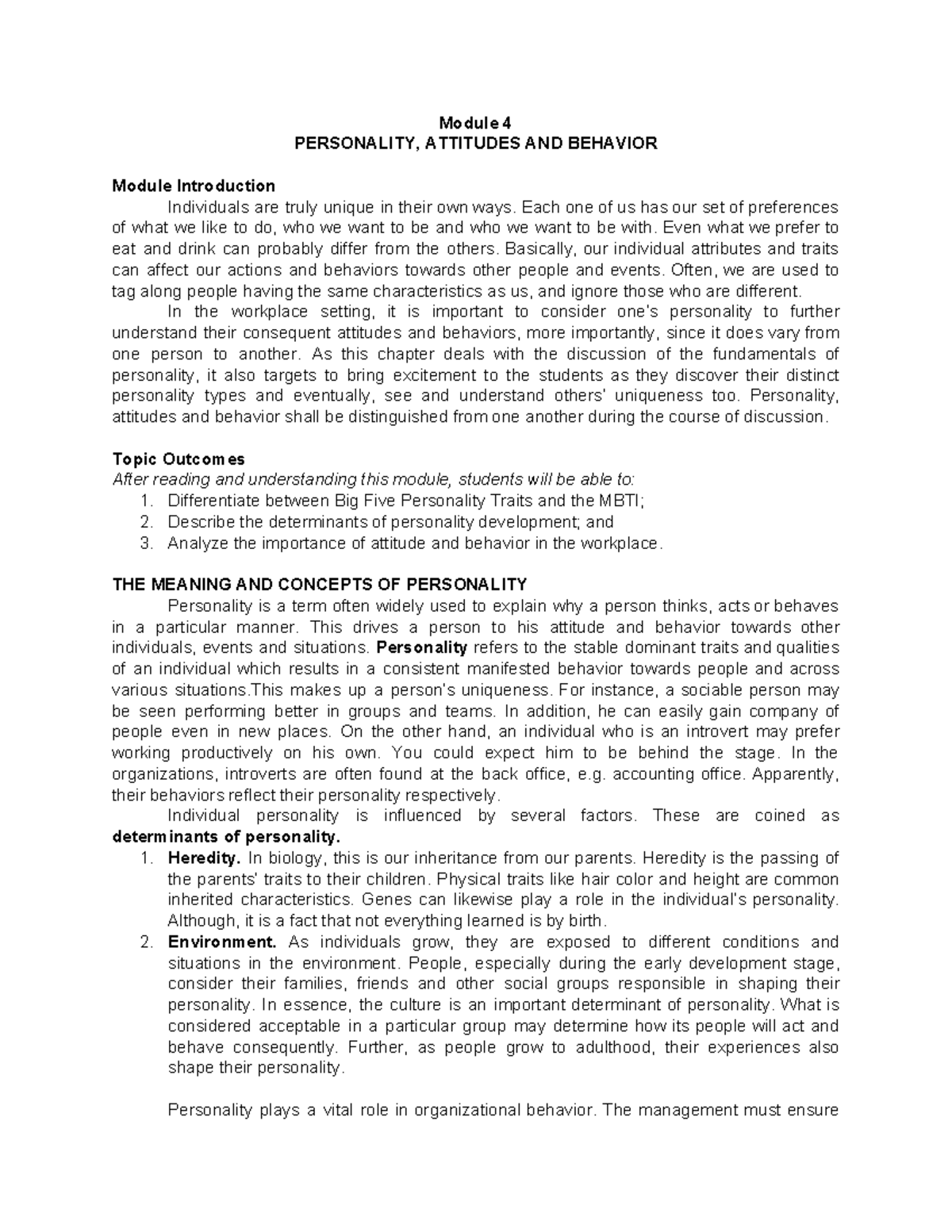 Human Behavior IN Organization Module 4 - Module 4 PERSONALITY, ATTITUDES AND BEHAVIOR Module ...