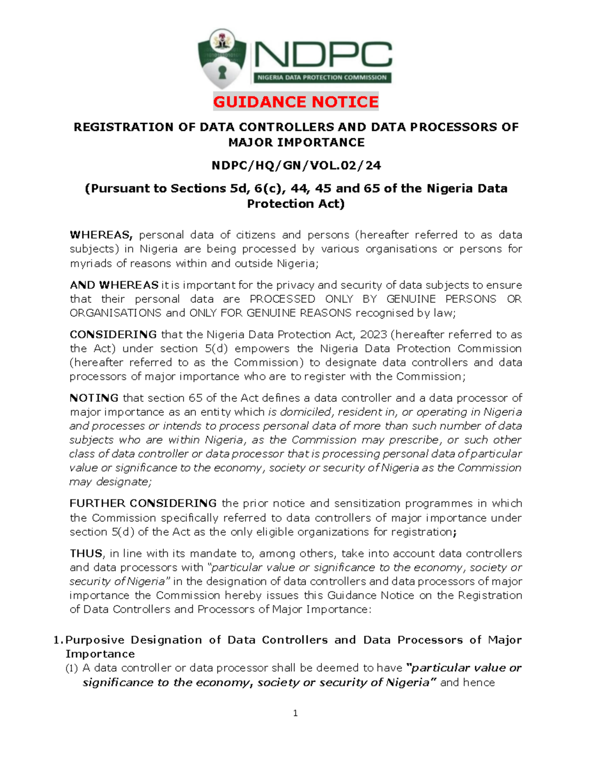 NDPC Guidance Notice ON Registration OF DATA Controllers OF Major ...