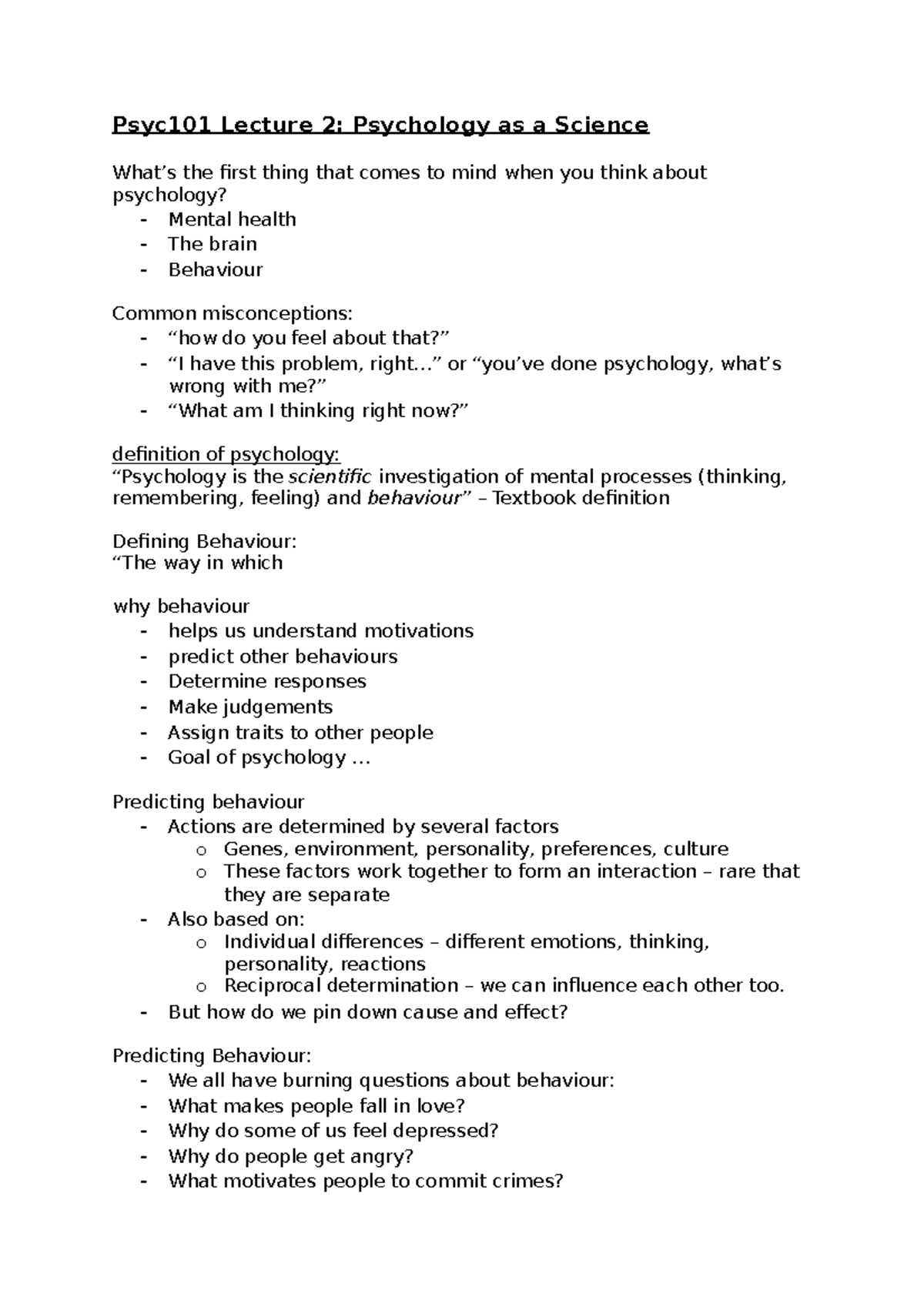 Psyc101 Lecture 2 - notes on Psychology as a Science - Psyc101 Lecture ...