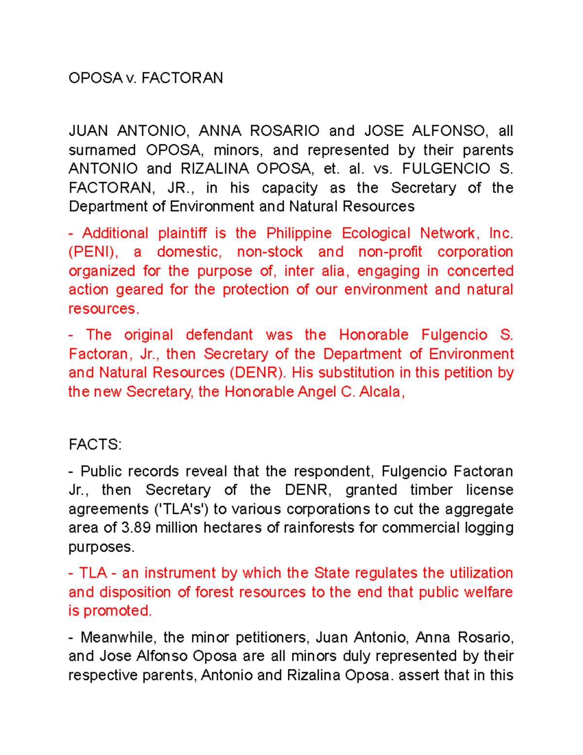 Oposa v. Factoran - Case Digest - OPOSA v. FACTORAN JUAN ANTONIO, ANNA ROSARIO and JOSE ALFONSO ...
