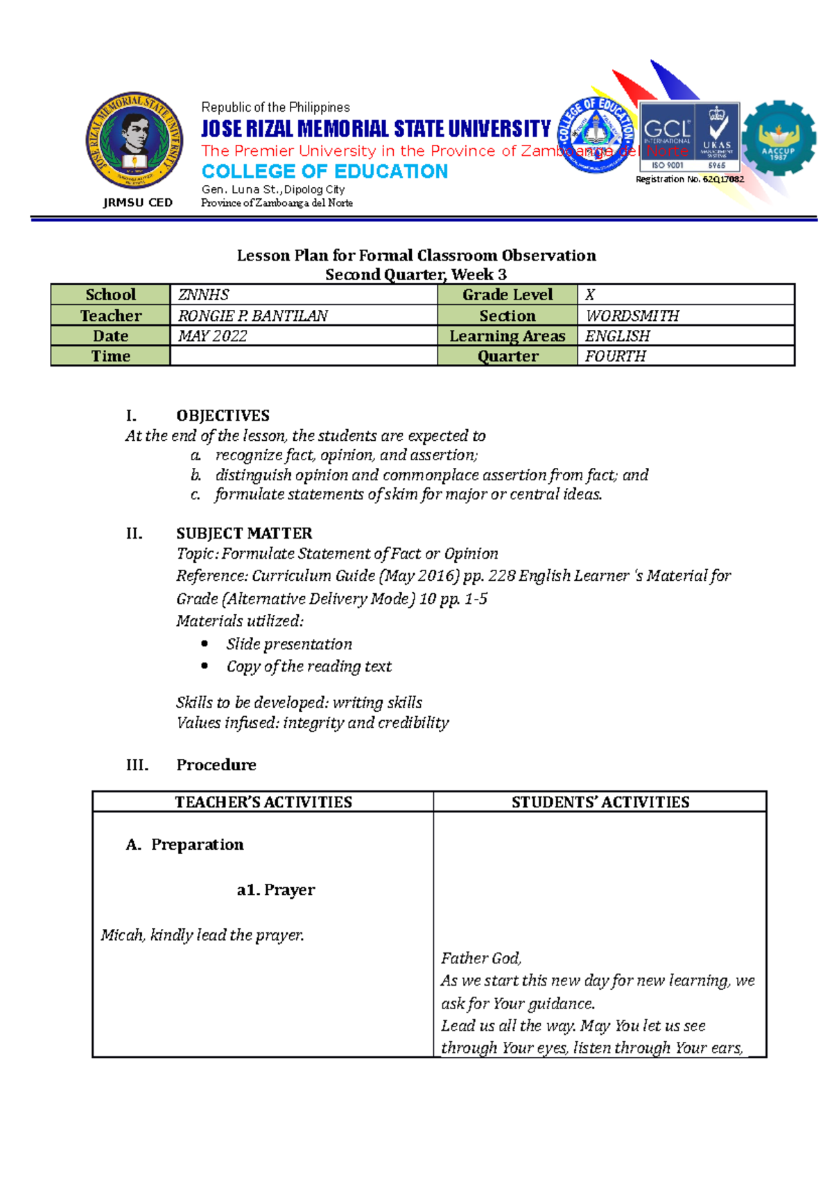Q2M3W3 - Sample Lesson Plan - Republic of the Philippines JOSE RIZAL ...