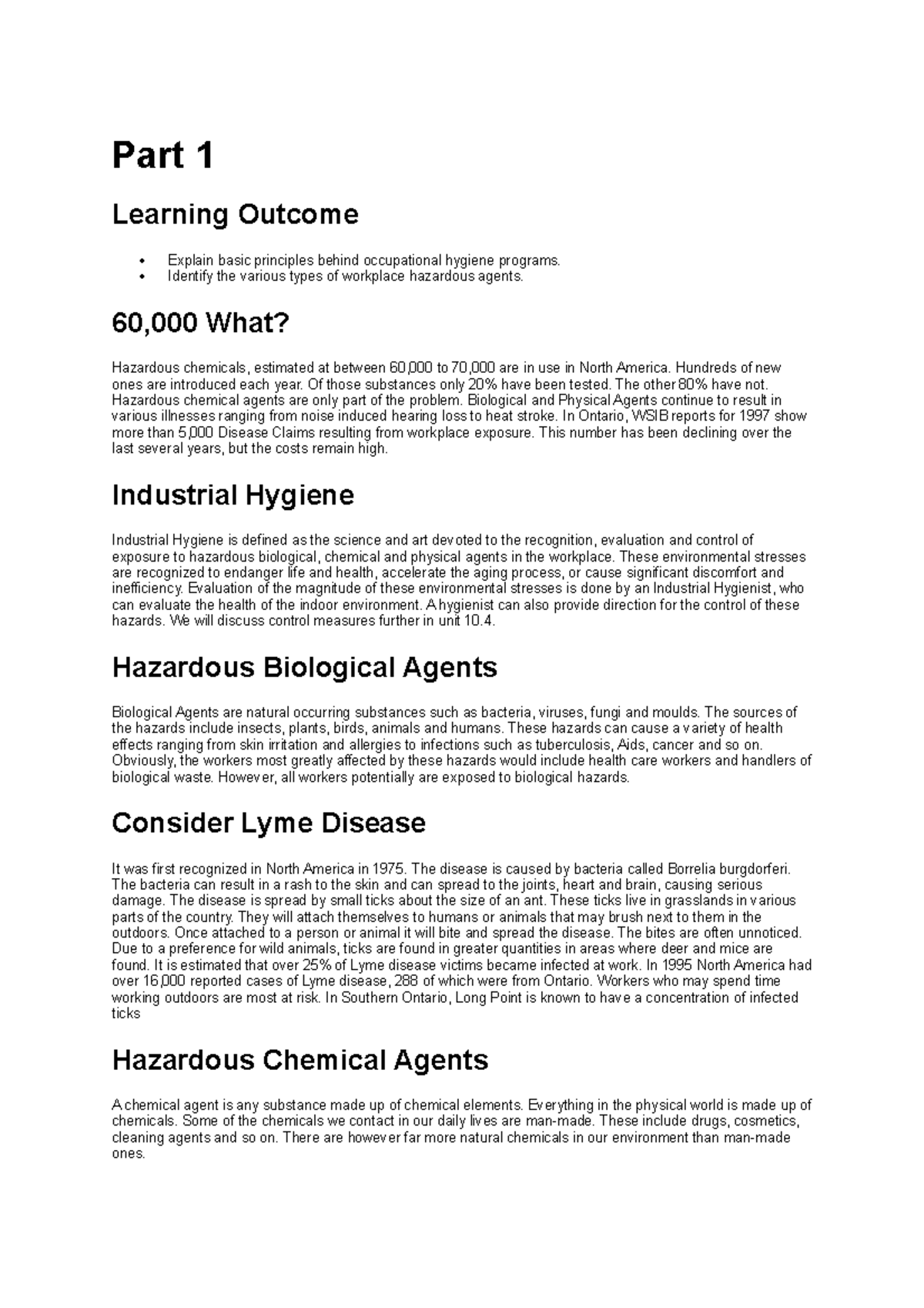 Occupational Hygiene OHS - Part 1 Learning Outcome Explain basic ...