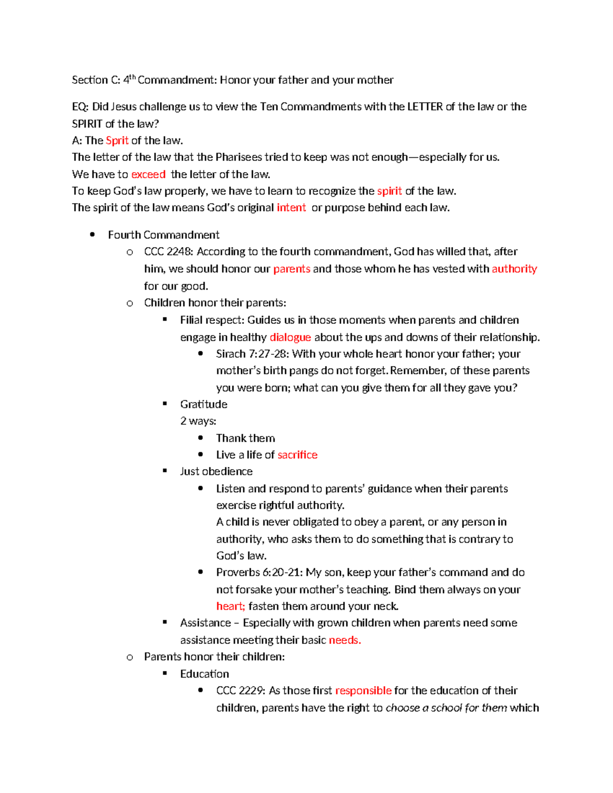 Section C Study Guide (2020) - Section C: 4th Commandment: Honor your ...