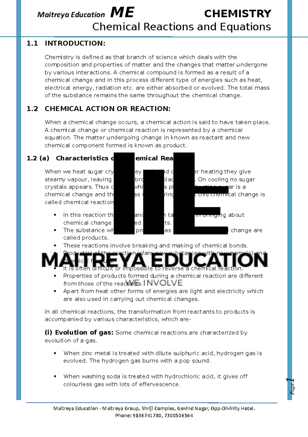 Notes - Maitreya Education ME CHEMISTRY Chemical Reactions and ...