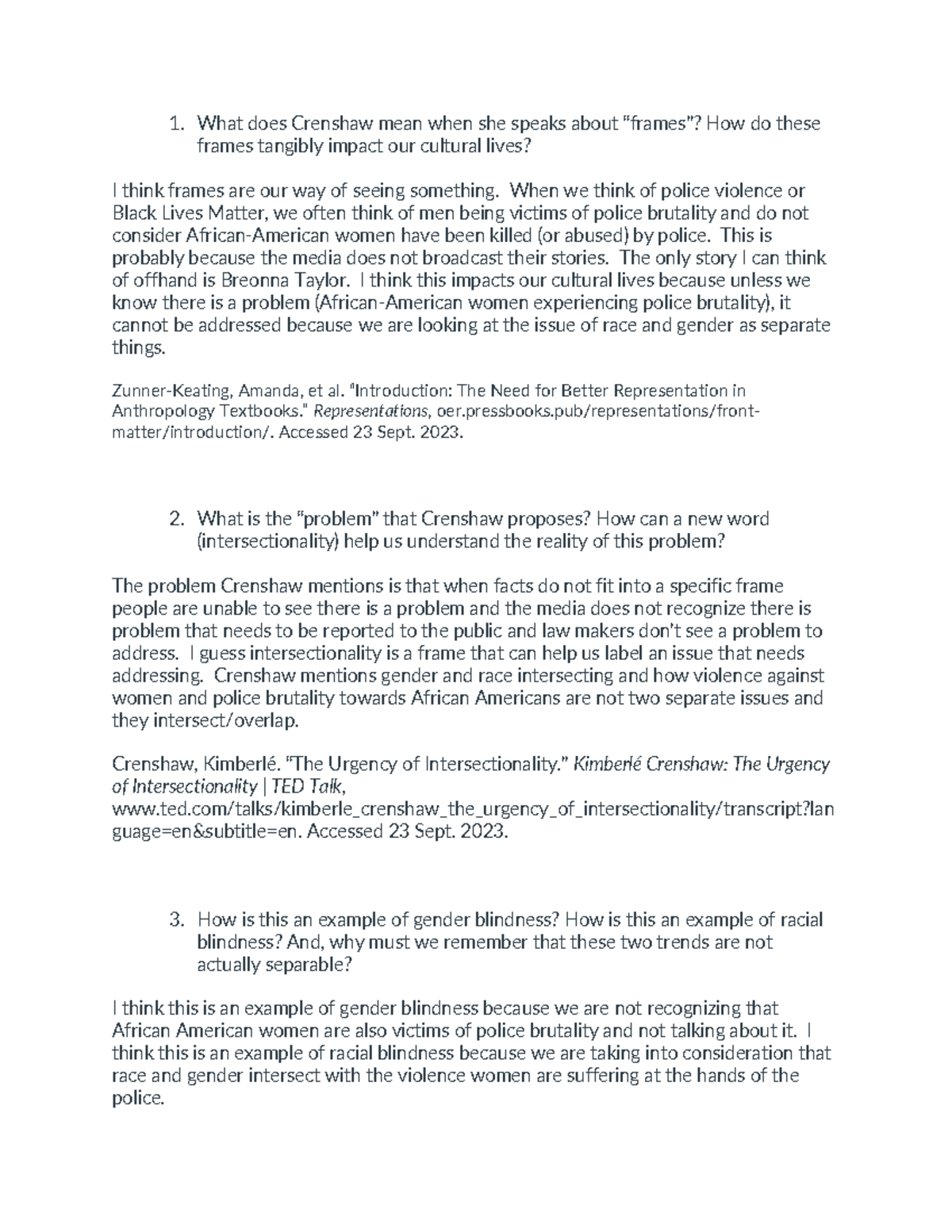 4.22 Intersectionality Reflection - 1. What does Crenshaw mean when she ...