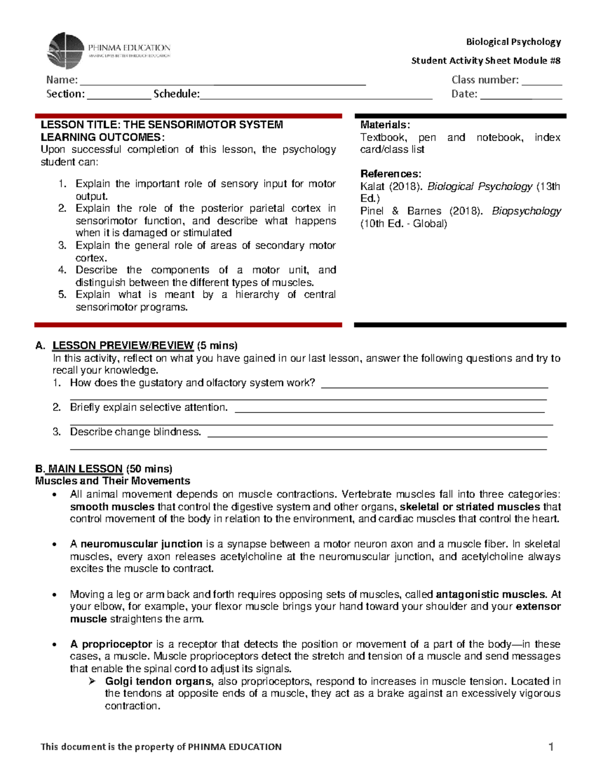 SAS Module 8 THE Sensorimotor System - Student Activity Sheet Module # Name: - Studocu